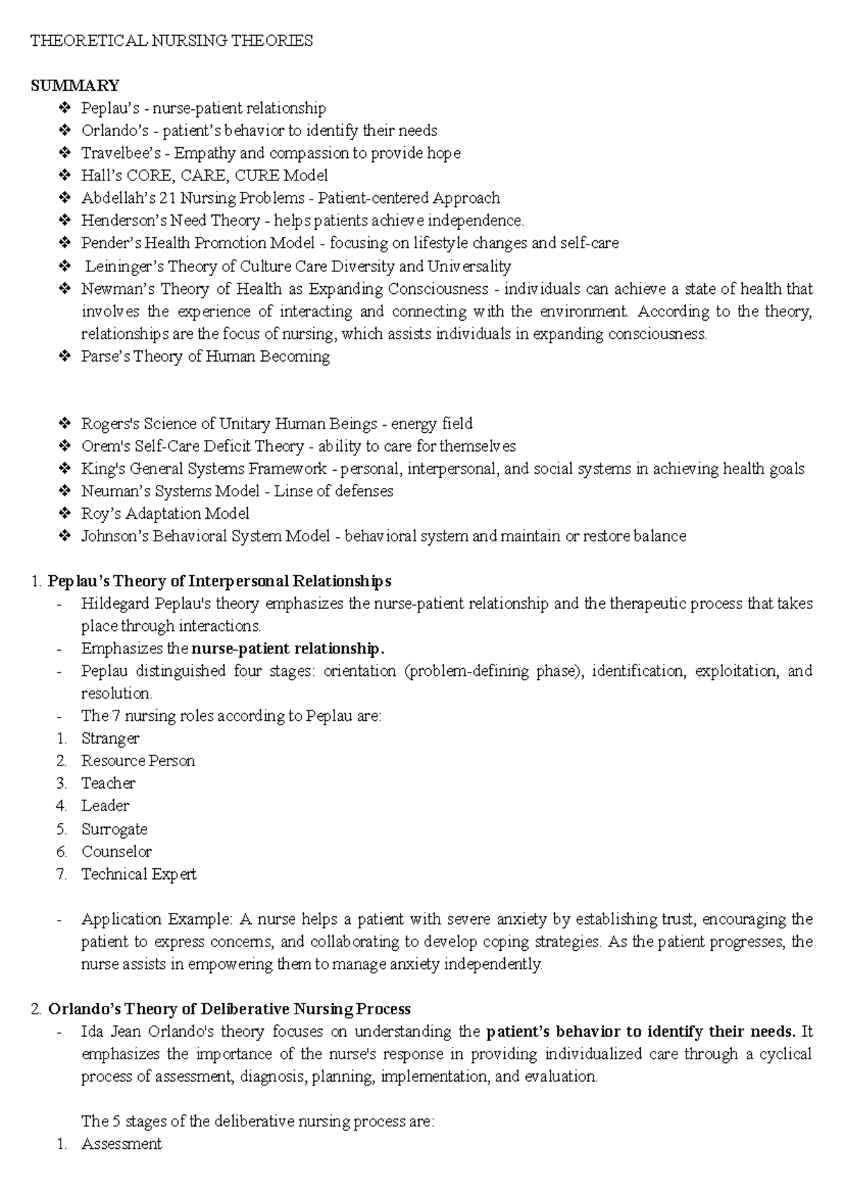 TFN Reviewer Final Revision - THEORETICAL NURSING THEORIES SUMMARY ...