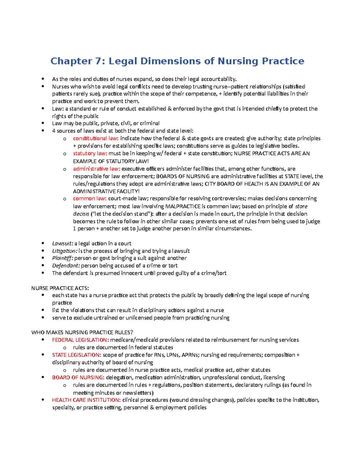 KC Chapter 07- legal issues in nursing - Chapter 7: Legal Dimensions of ...