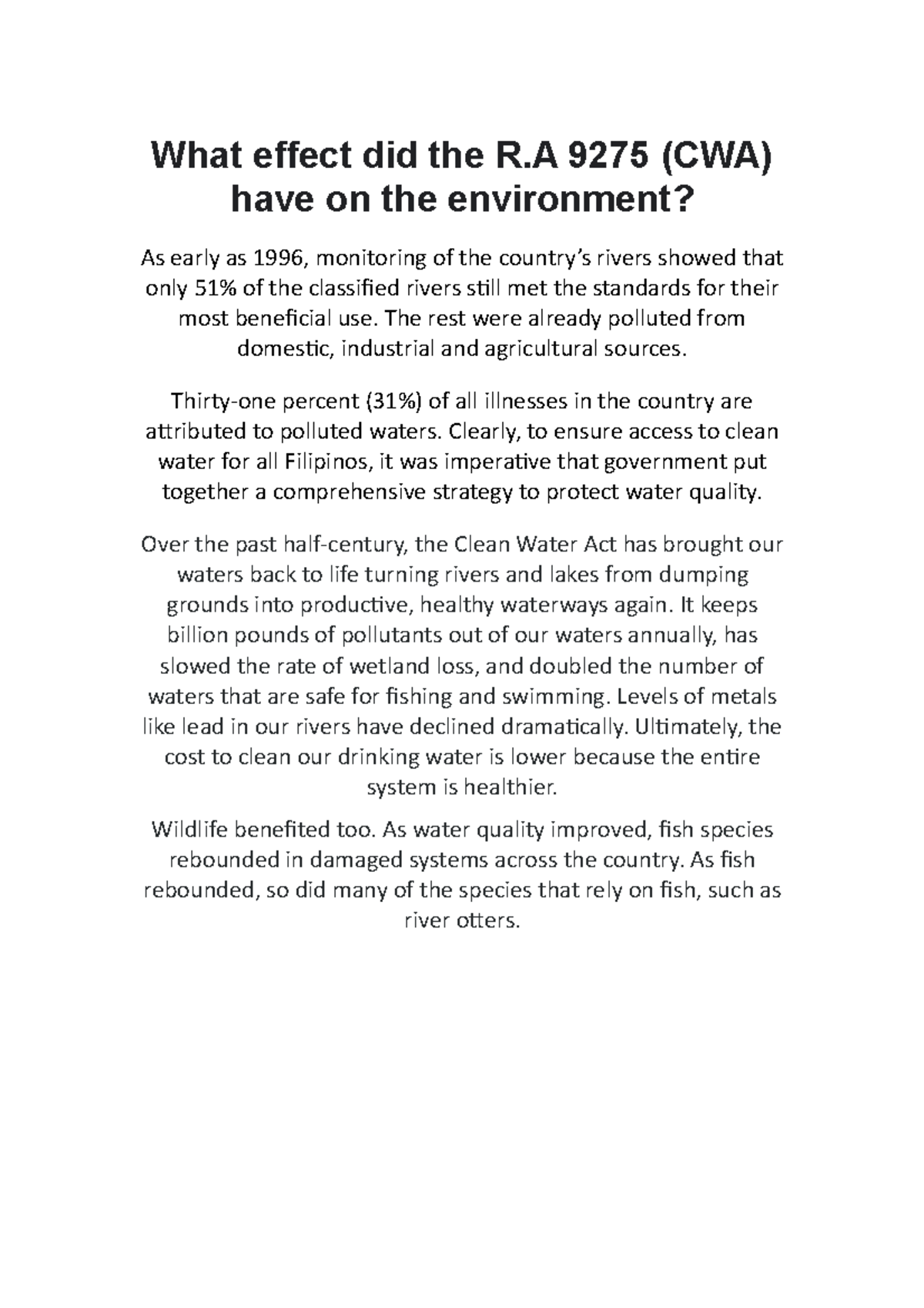 What effect did the R.A 9275 (CWA) have on the environment - What ...