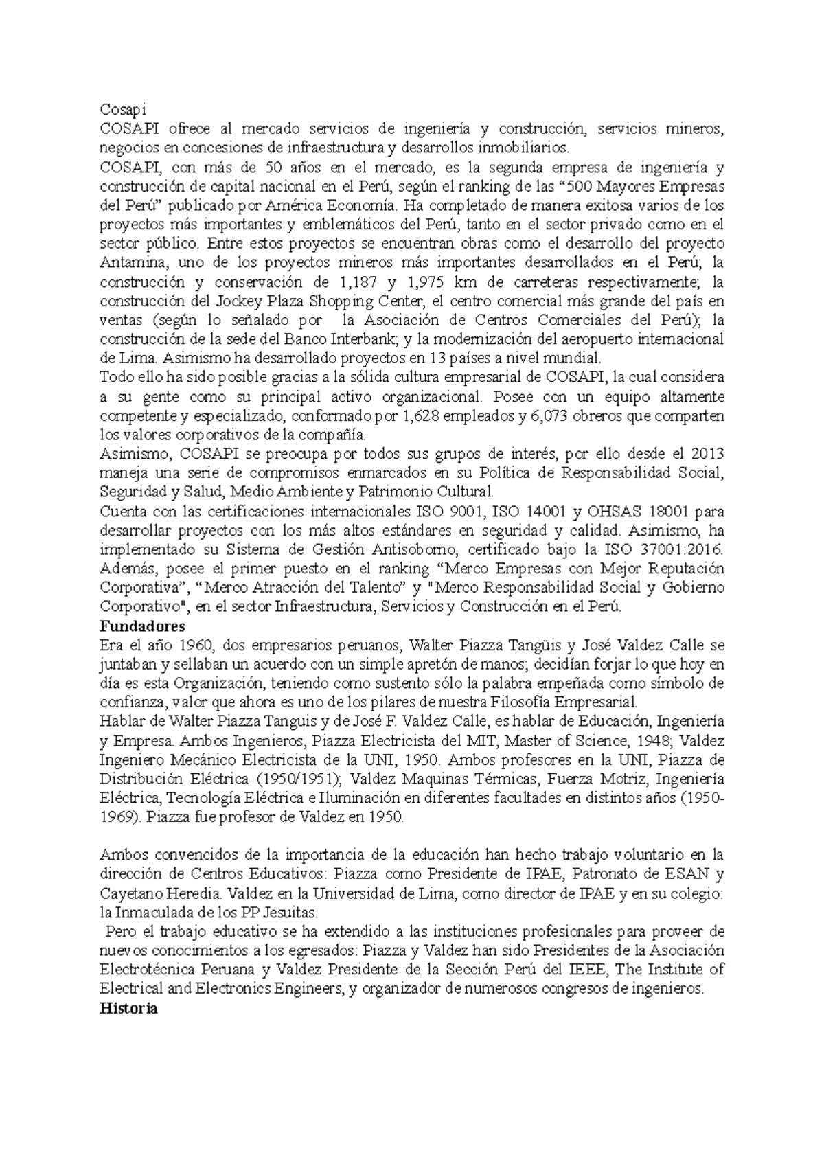 Cosapi - informe sobre una empresa - Cosapi COSAPI ofrece al mercado servicios de ingeniería y ...