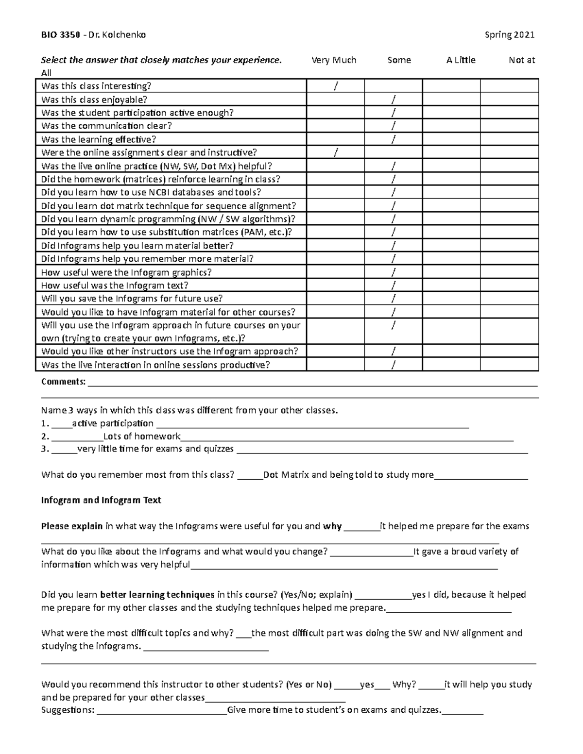 End Survey class reflection and opinion on class - BIO 3350 - Dr ...