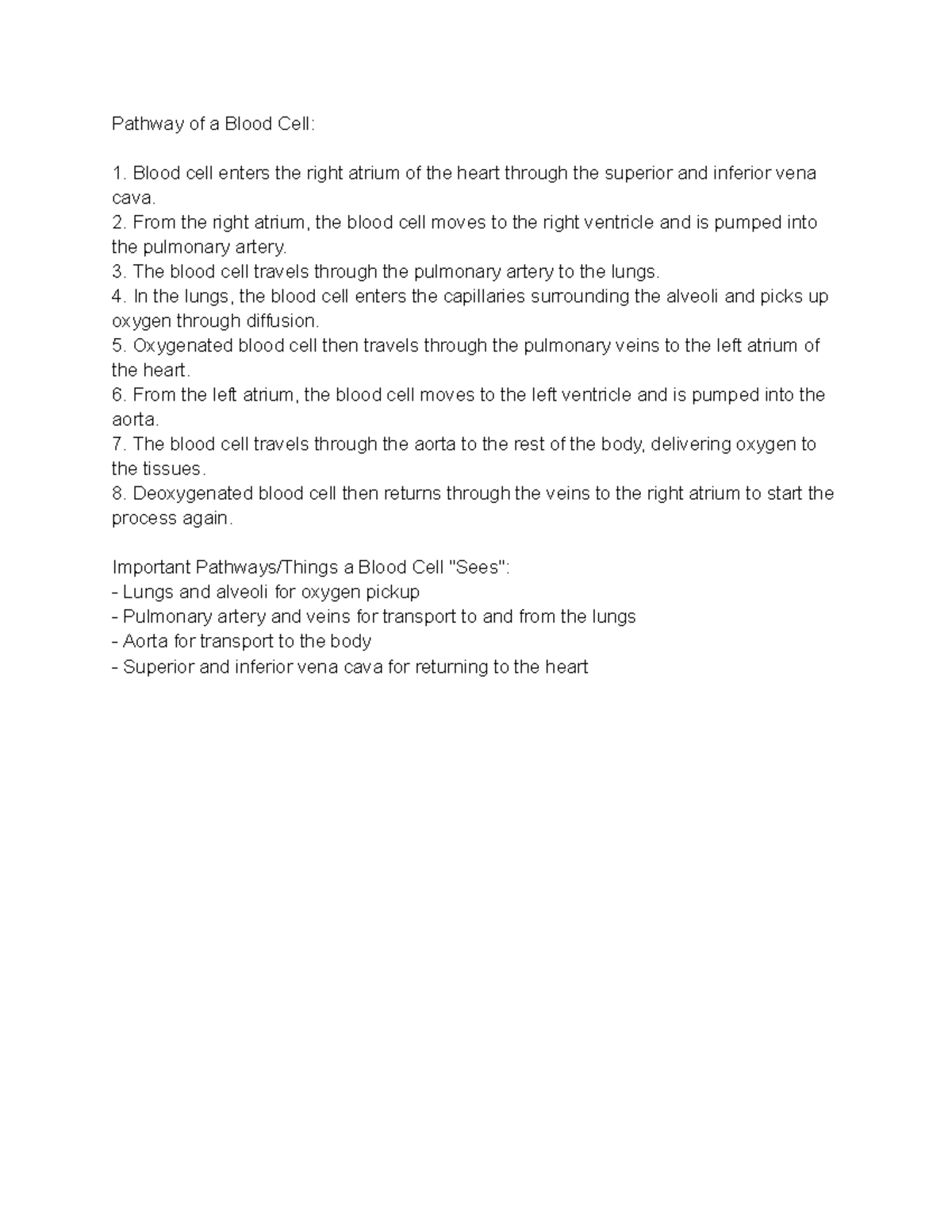 Trace a blood cell - Pathway of a Blood Cell: Blood cell enters the ...