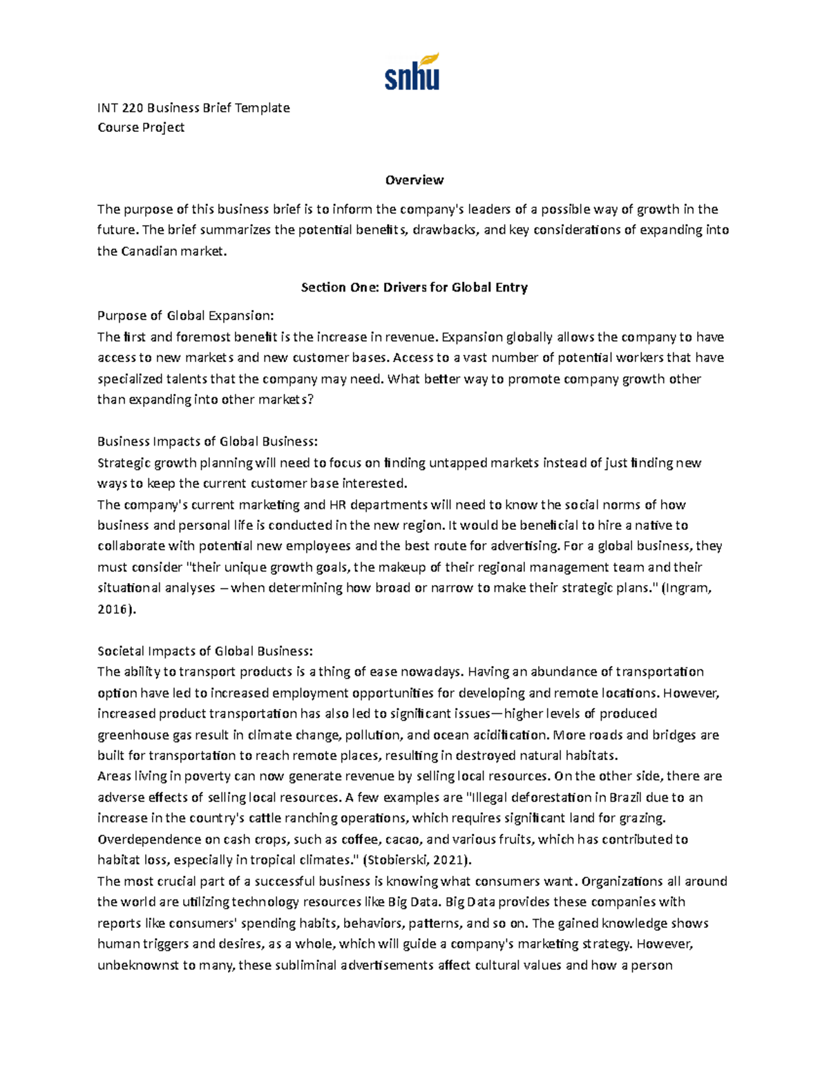 Milestone.One - Assignment milestone one - INT 220 Business Brief ...