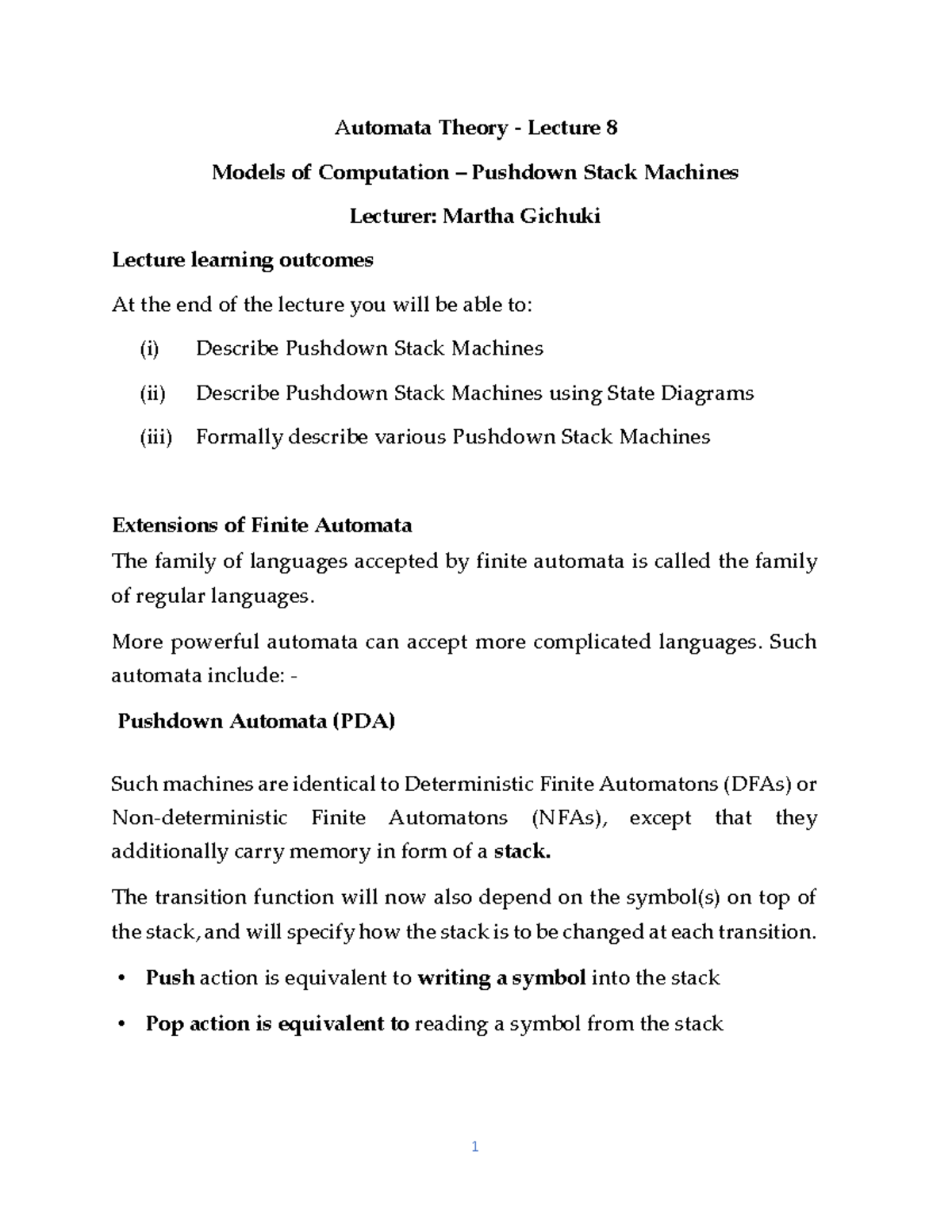 Automata Theory Lecture 8 Automata Theory Lecture 8 Models Of Computation Pushdown Stack
