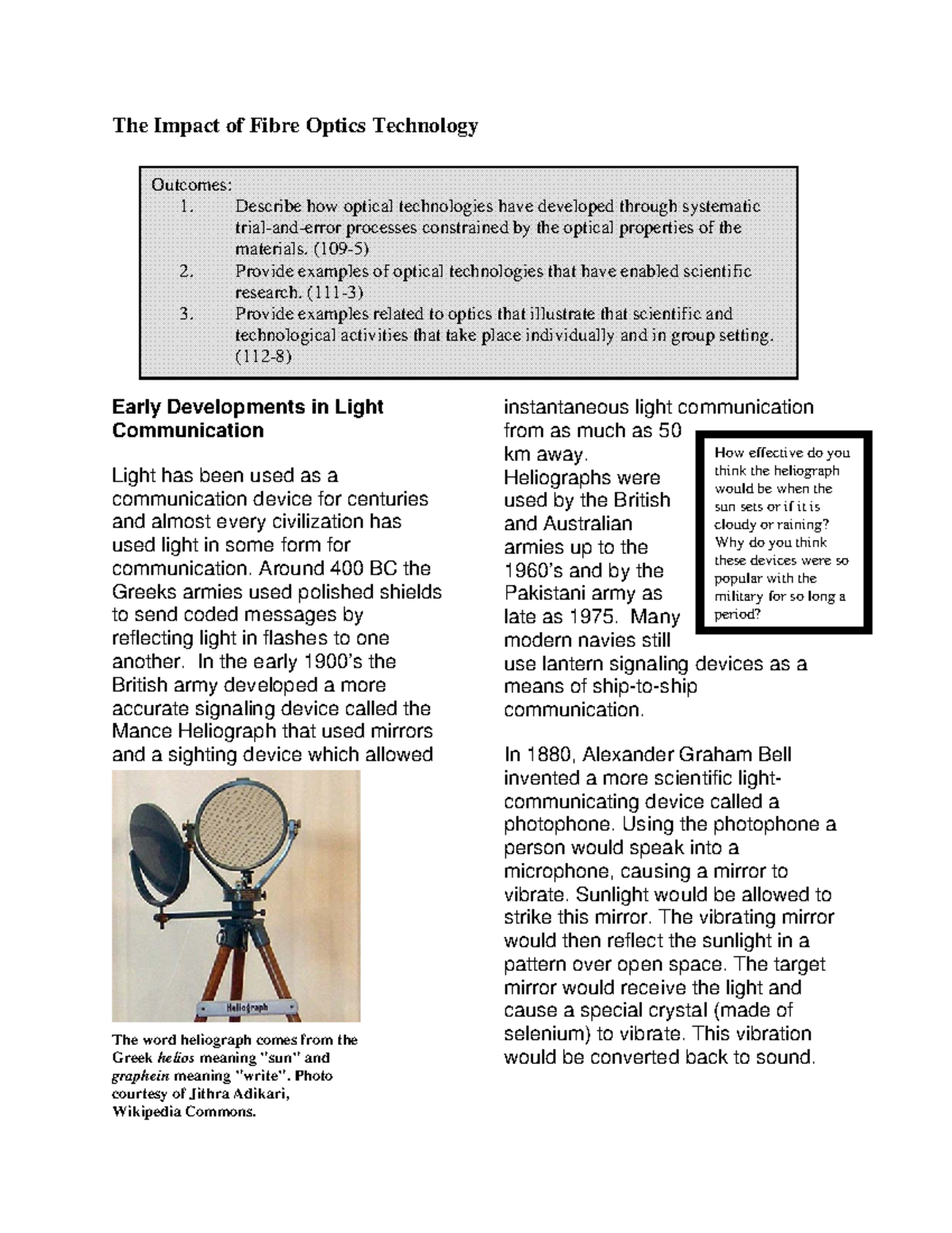 K12 curriculum guides science grade 8 fibre optics stse unit 2 - How ...