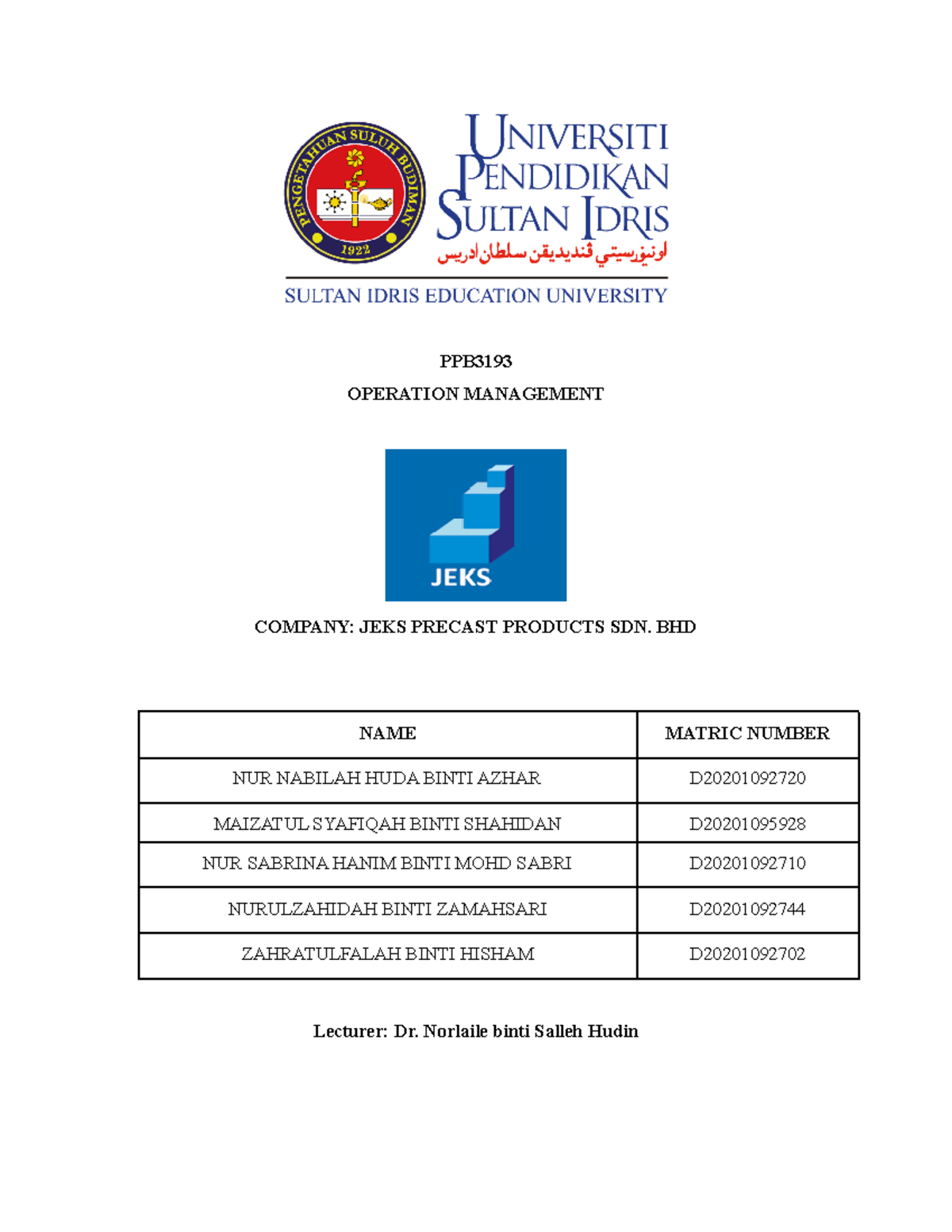 Operation Management Assignment Report ( JEKS Product SDN BHD) - PPB OPERATION MANAGEMENT ...