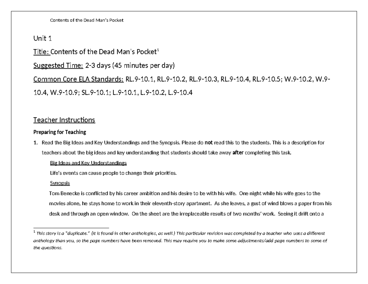 10. Content's of the Dead Man's Pocket. lesson - Story - Unit 1 Title ...