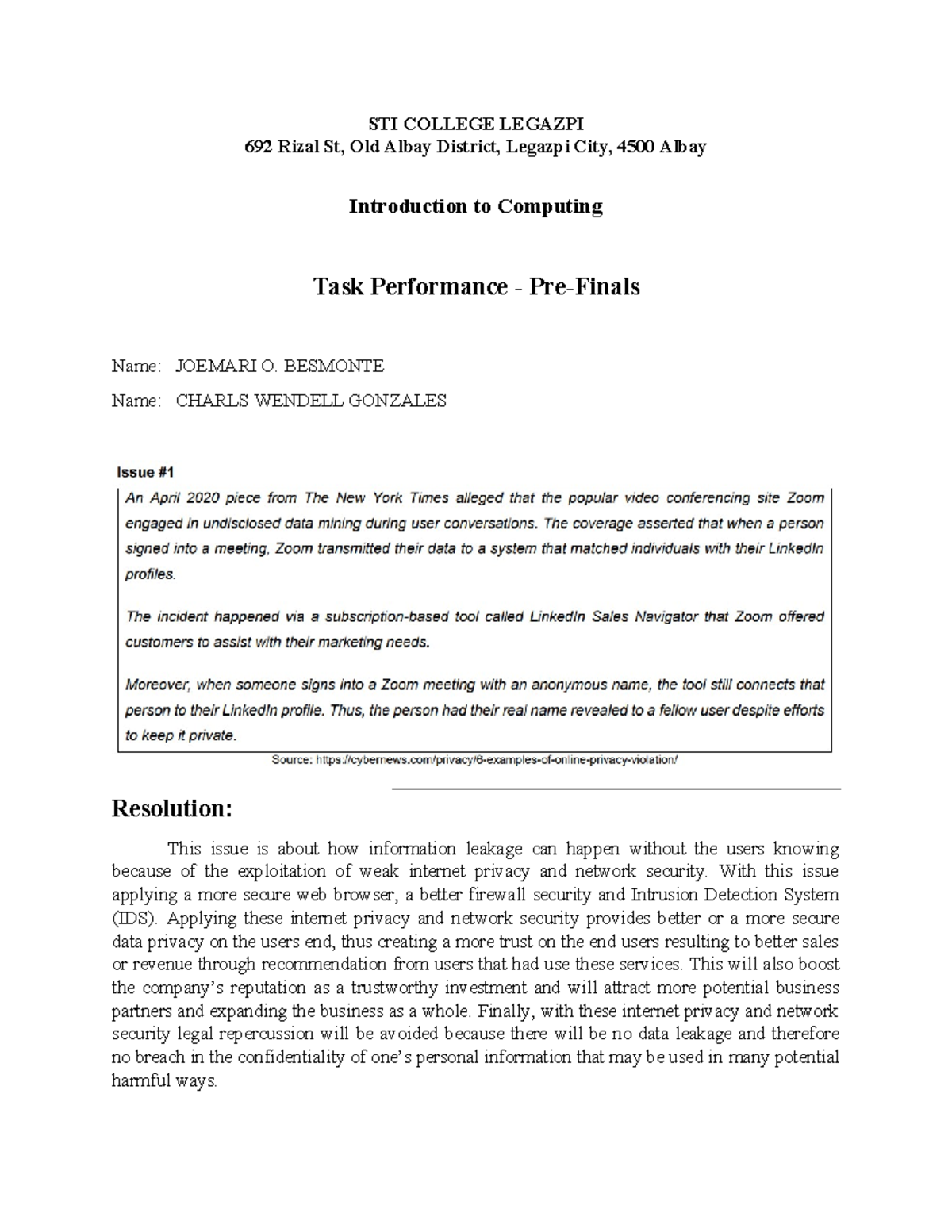 Task Performance Pre Finals - STI COLLEGE LEGAZPI 692 Rizal St, Old Albay District, Legazpi City ...