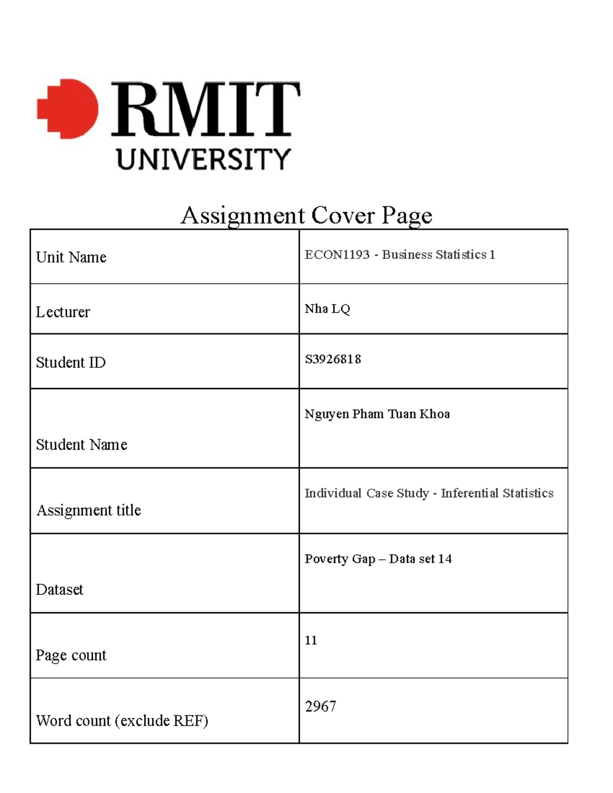 Bstat- assignment 2-2 - Assignment Cover Page Unit Name ECON1193 ...