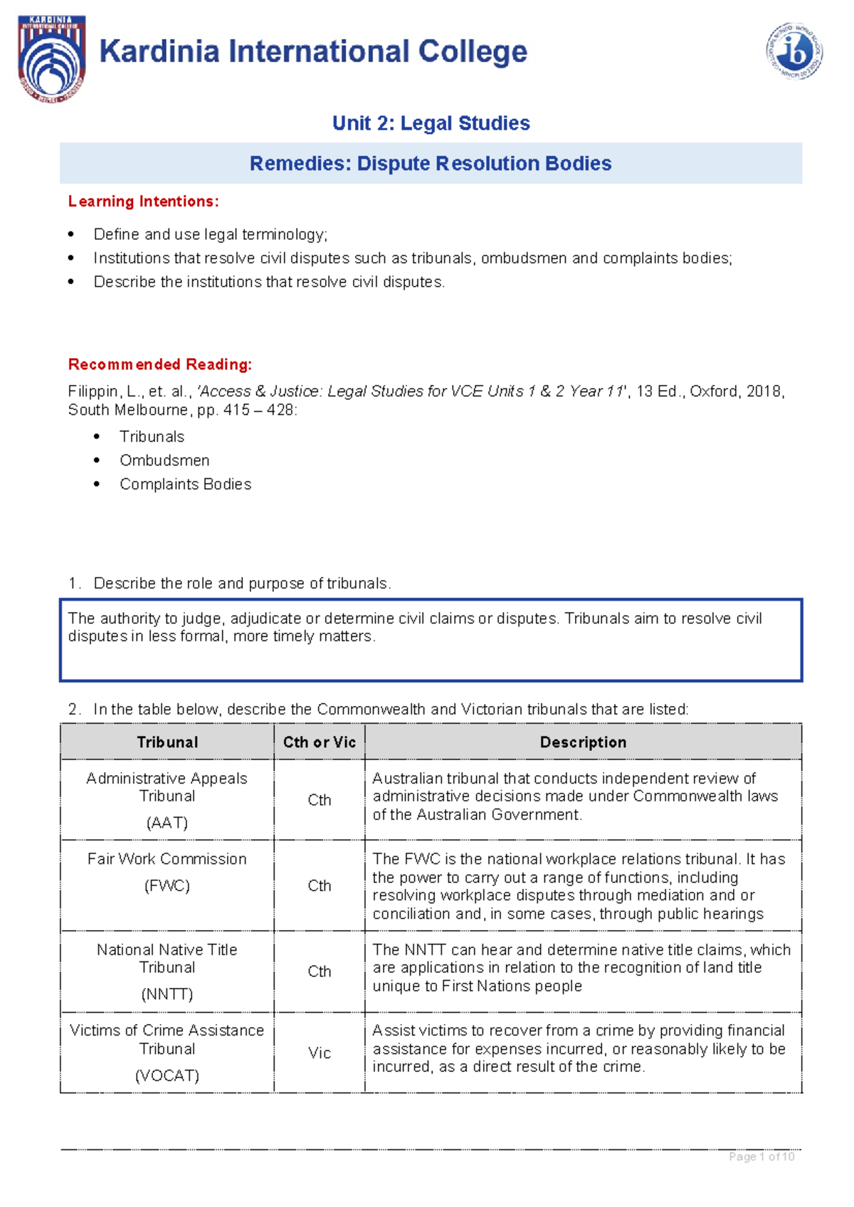 Notes and Activities Template - Remedies Part 2 - Unit 2: Legal Studies ...
