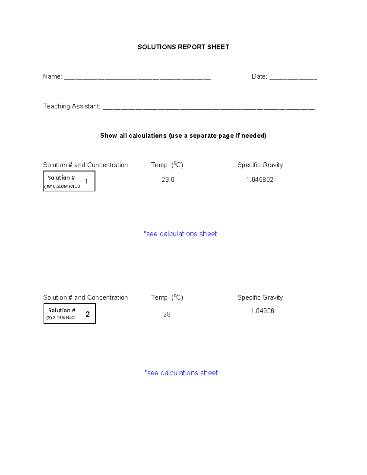 Solutions Report Sheet - SOLUTIONS REPORT SHEET Name