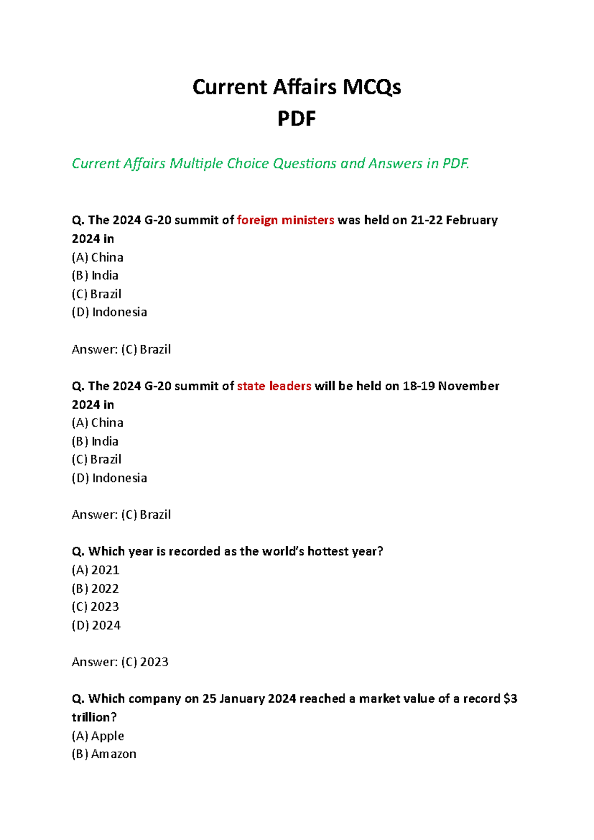 Current-affairs-mcqs - Current Affairs MCQs PDF Current Affairs ...