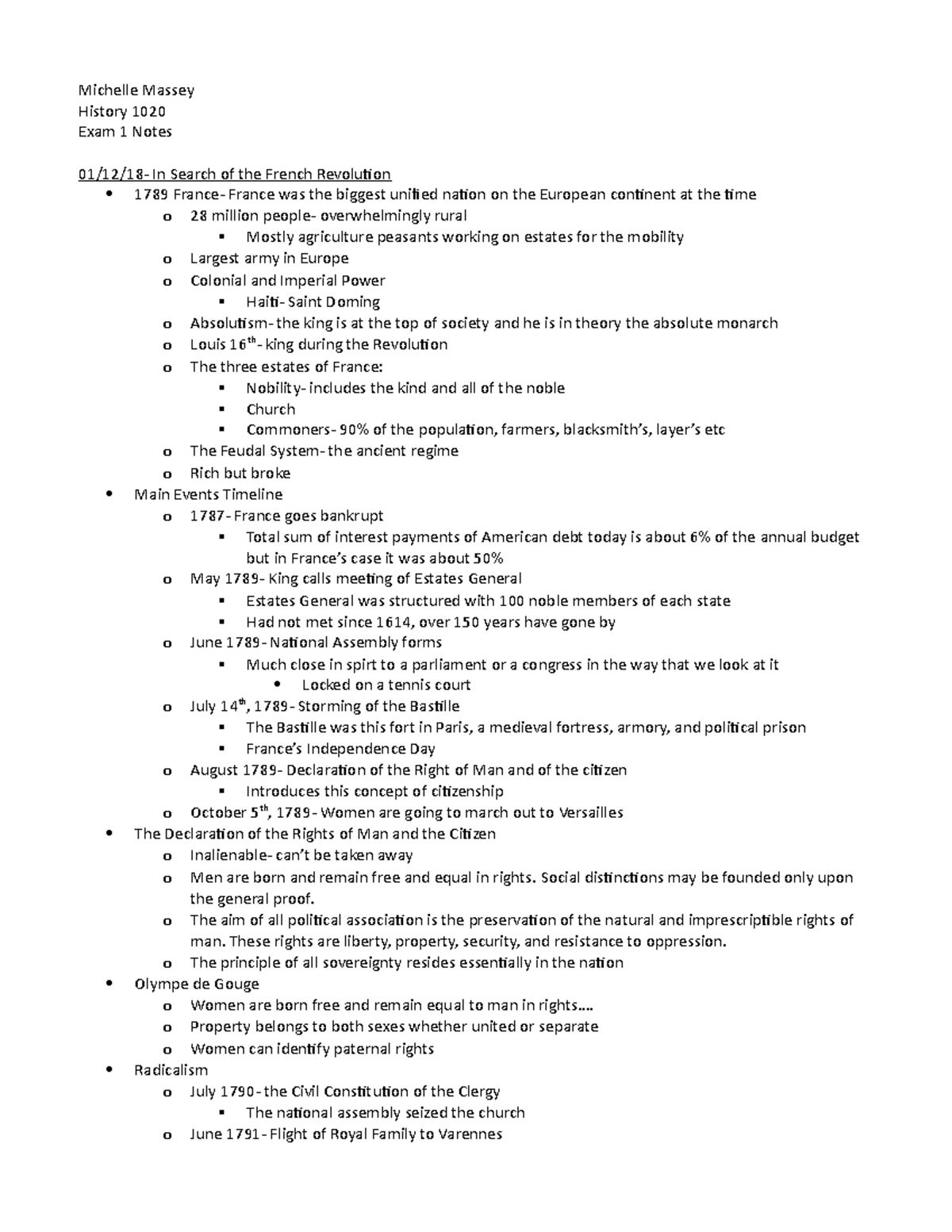 History lecture notes Exam 1 - Michelle Massey History 1020 Exam 1 ...