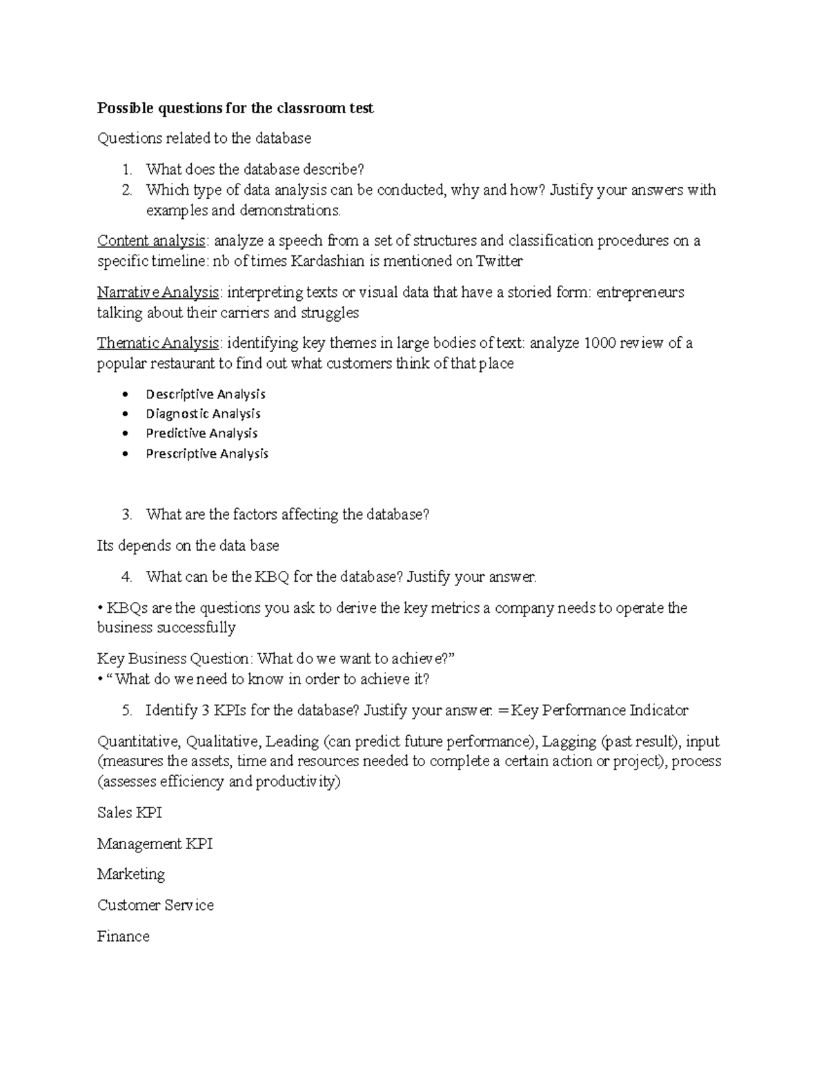 Possible Questions for the test - Possible questions for the classroom ...