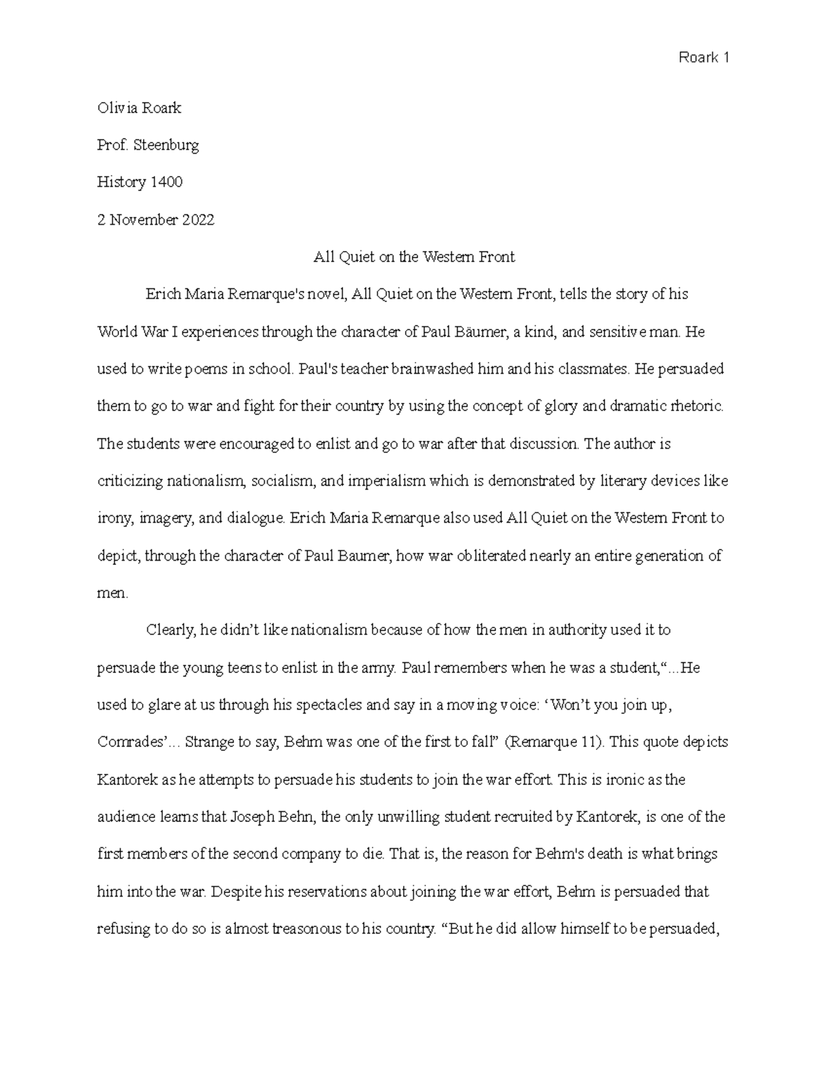 All Quiet on The Western Front Paper - Olivia Roark - Olivia Roark Prof ...