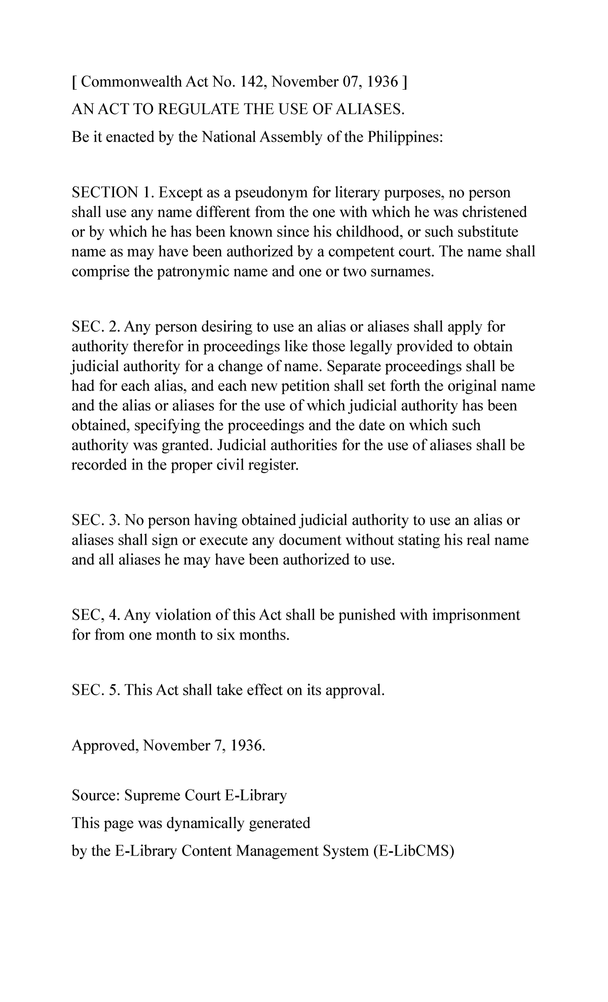 CA No. 142 AN ACT TO Regulate THE USE OF Aliases - [ Commonwealth Act ...