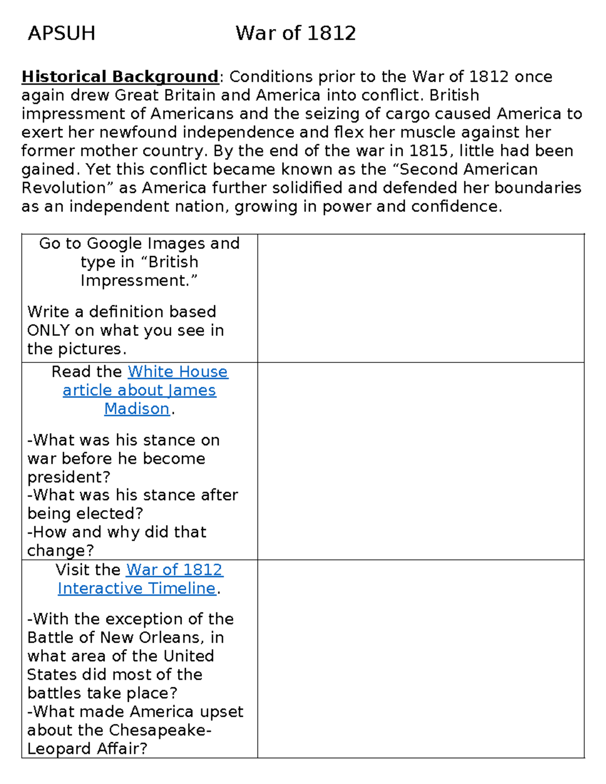 Warof 1812Webquest - jioojioi - APSUH War of 1812 Historical Background ...