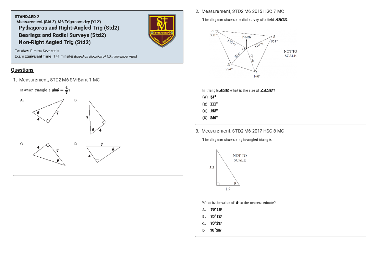 Trigonometry - past HSC math Questions - 1. Measurement, STD2 M6 SM ...