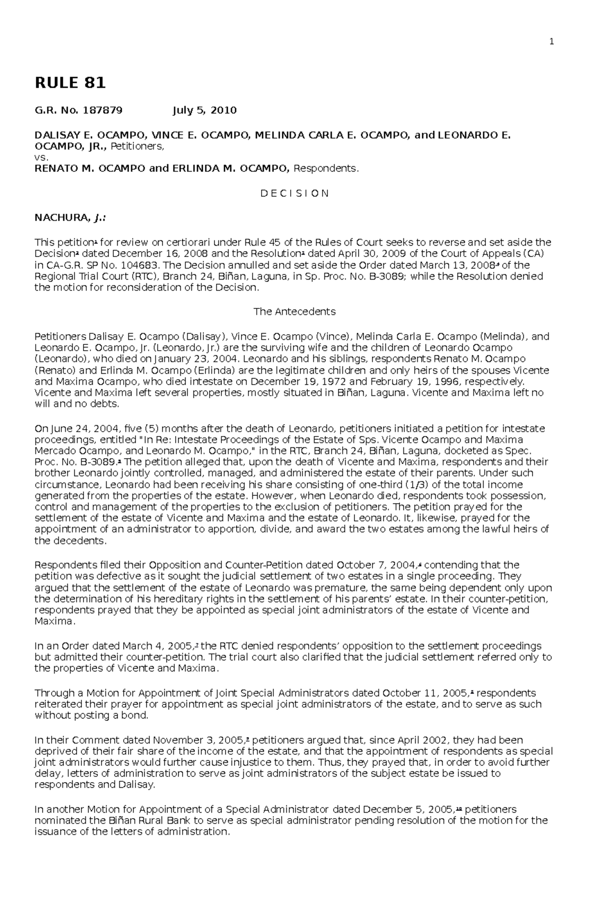 RULE 81-90 FULL TEXT Cases - RULE 81 G. No. 187879 July 5, 2010 DALISAY ...