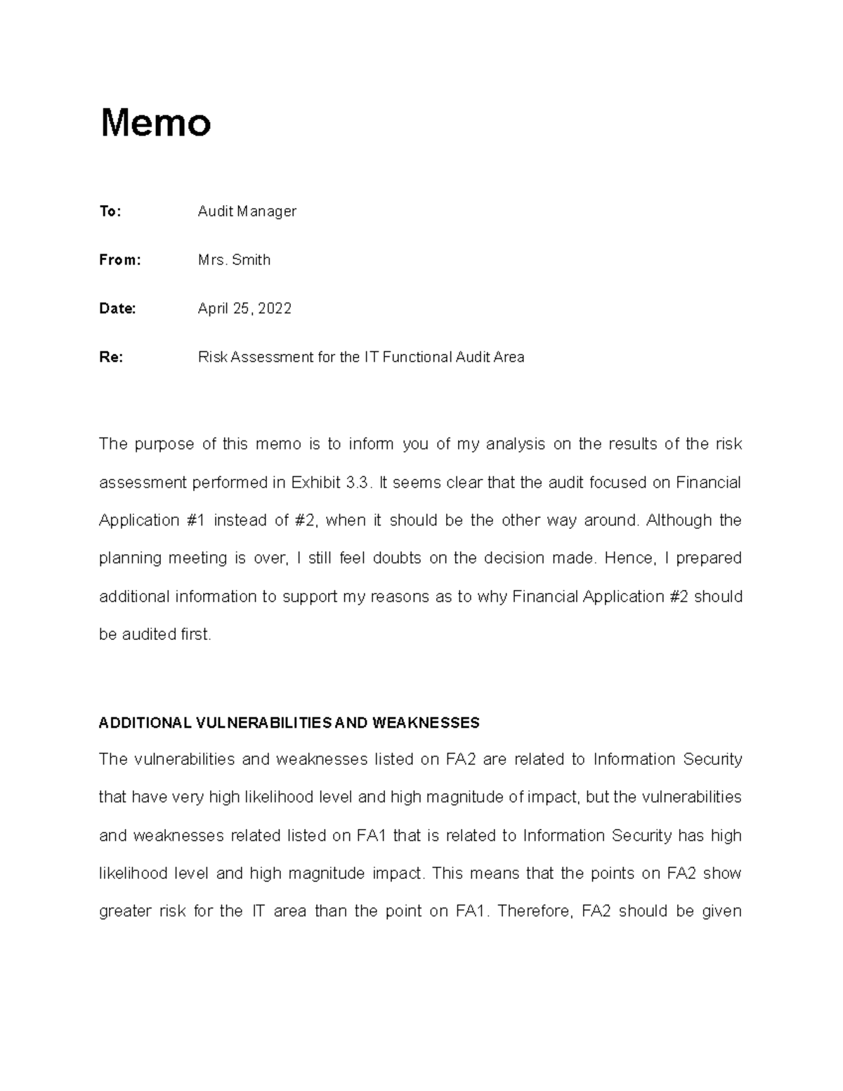 Case Analysis IT Audit Memo - Memo To: Audit Manager From: Mrs. Smith ...