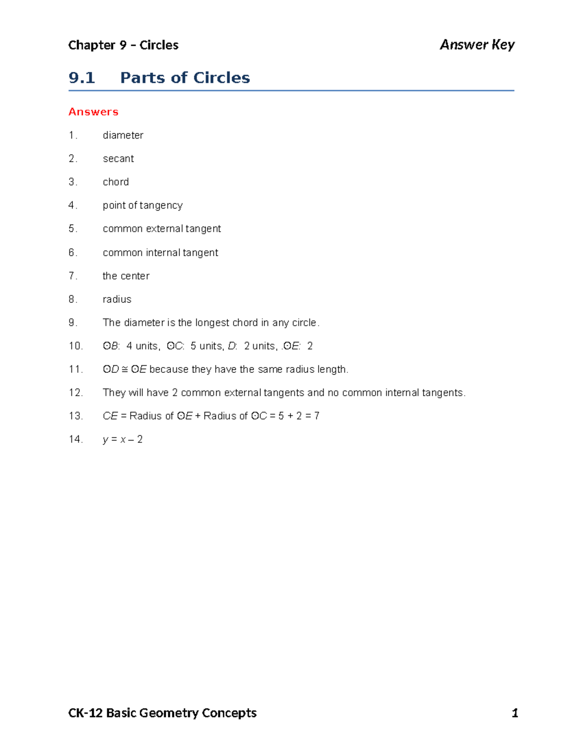 Answer Key CK-12 Chapter 09 Basic Geometry Concepts - 9 Parts of Circles Answers 1. diameter 2 ...