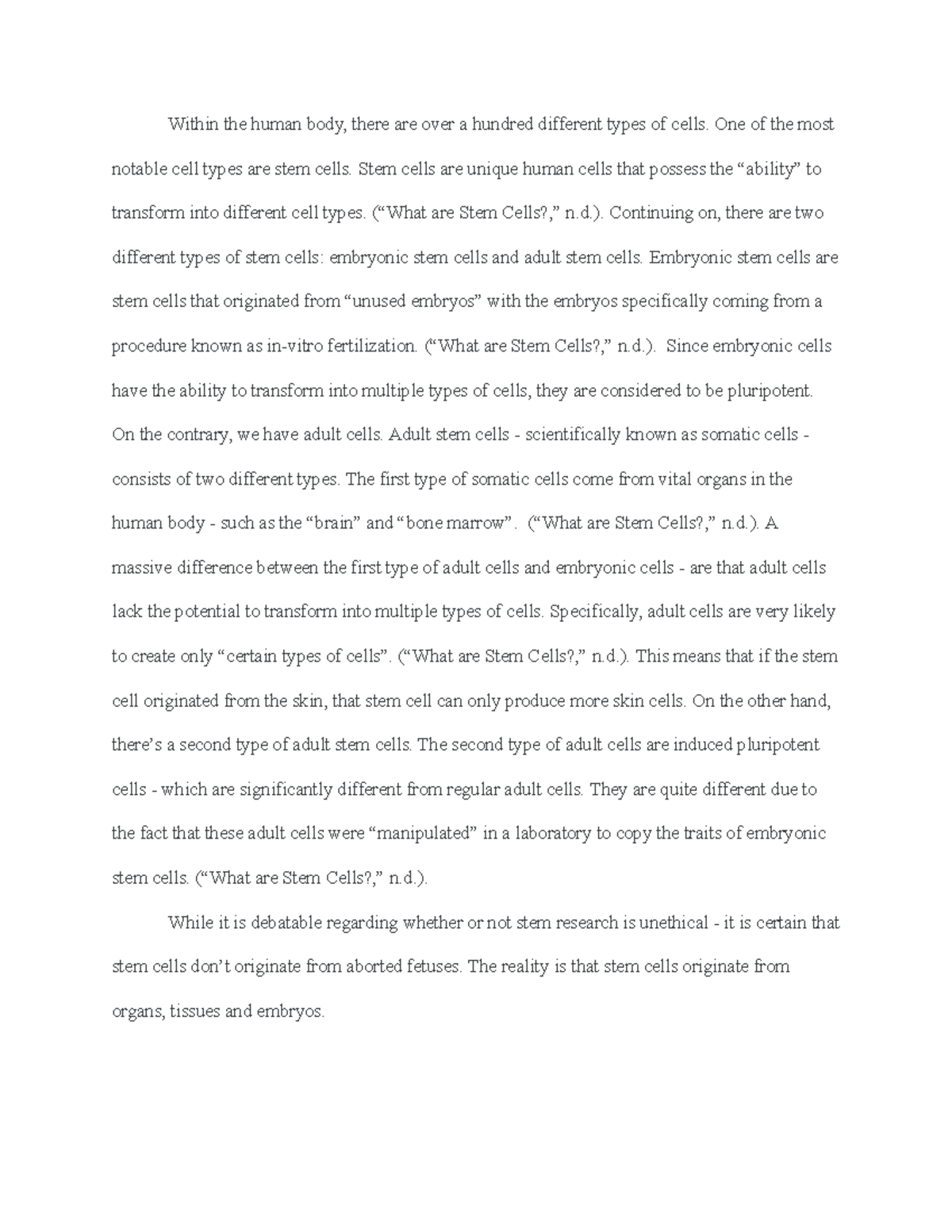 BIO 101 STEM CELL Writing Assignment - Within the human body, there are ...