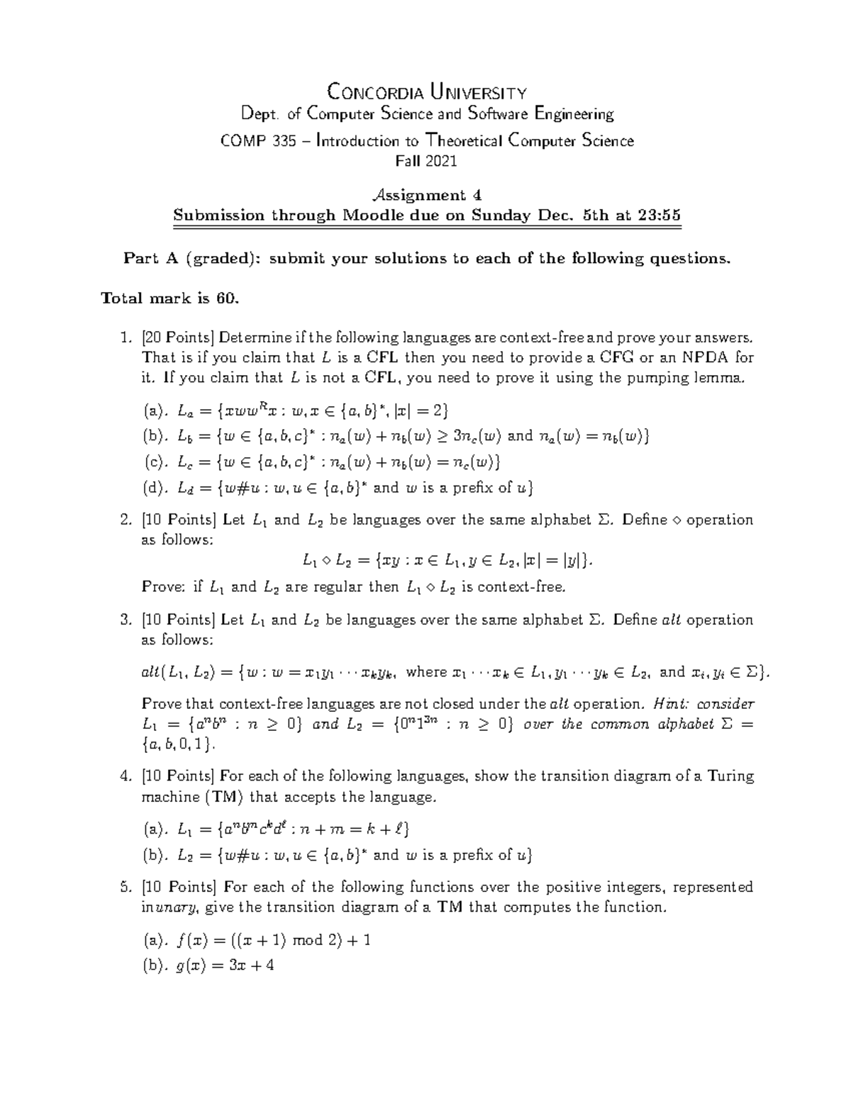 Assignment 4 comp 335 - CONCORDIAUNIVERSITY Dept. ofComputerScience andSoftwareEngineering COMP ...