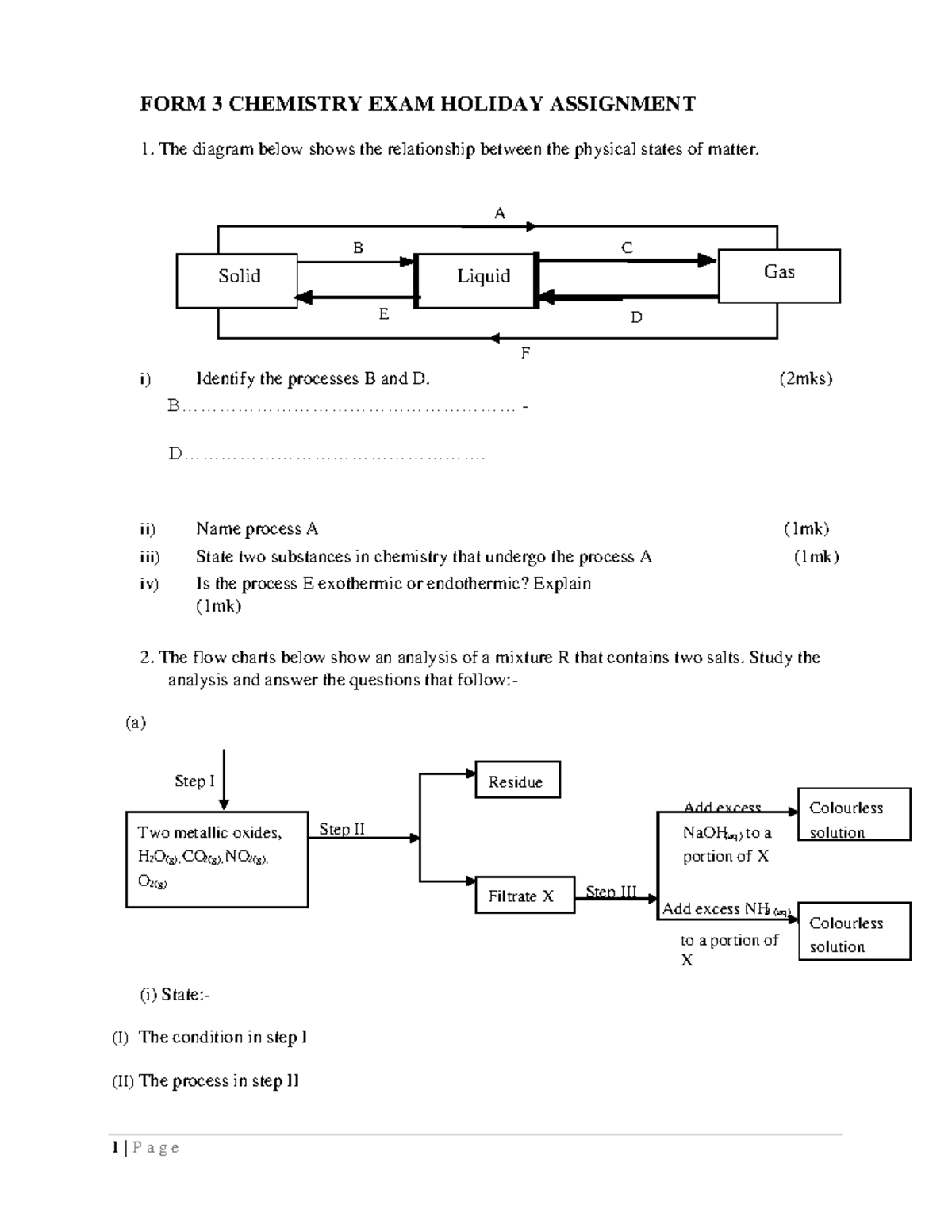 FORM 3 Chemistry Holiday Assignment - FORM 3 CHEMISTRY EXAM HOLIDAY ...