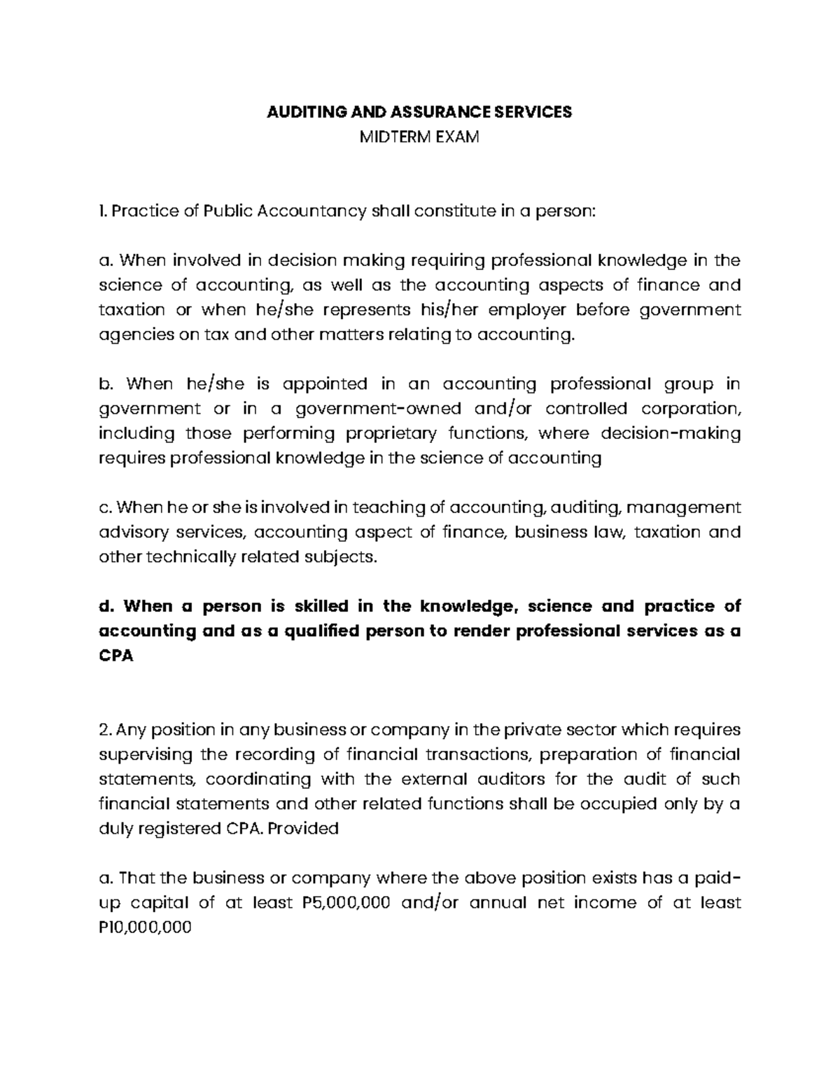 Audit Theory Midterm Exam - AUDITING AND ASSURANCE SERVICES MIDTERM EXAM Practice of Public ...