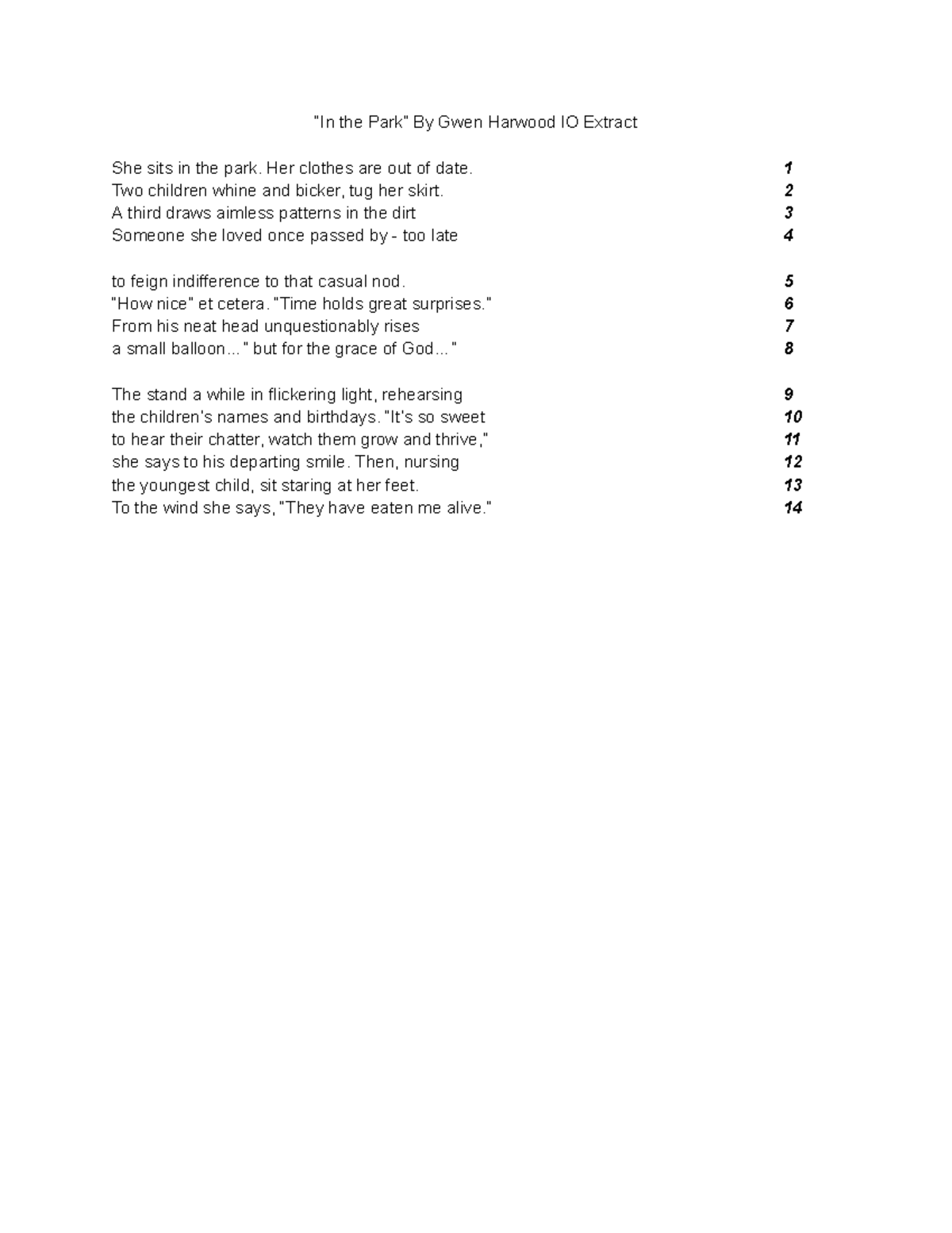 “In the Park” By Gwen Harwood IO Extract - Her clothes are out of date ...