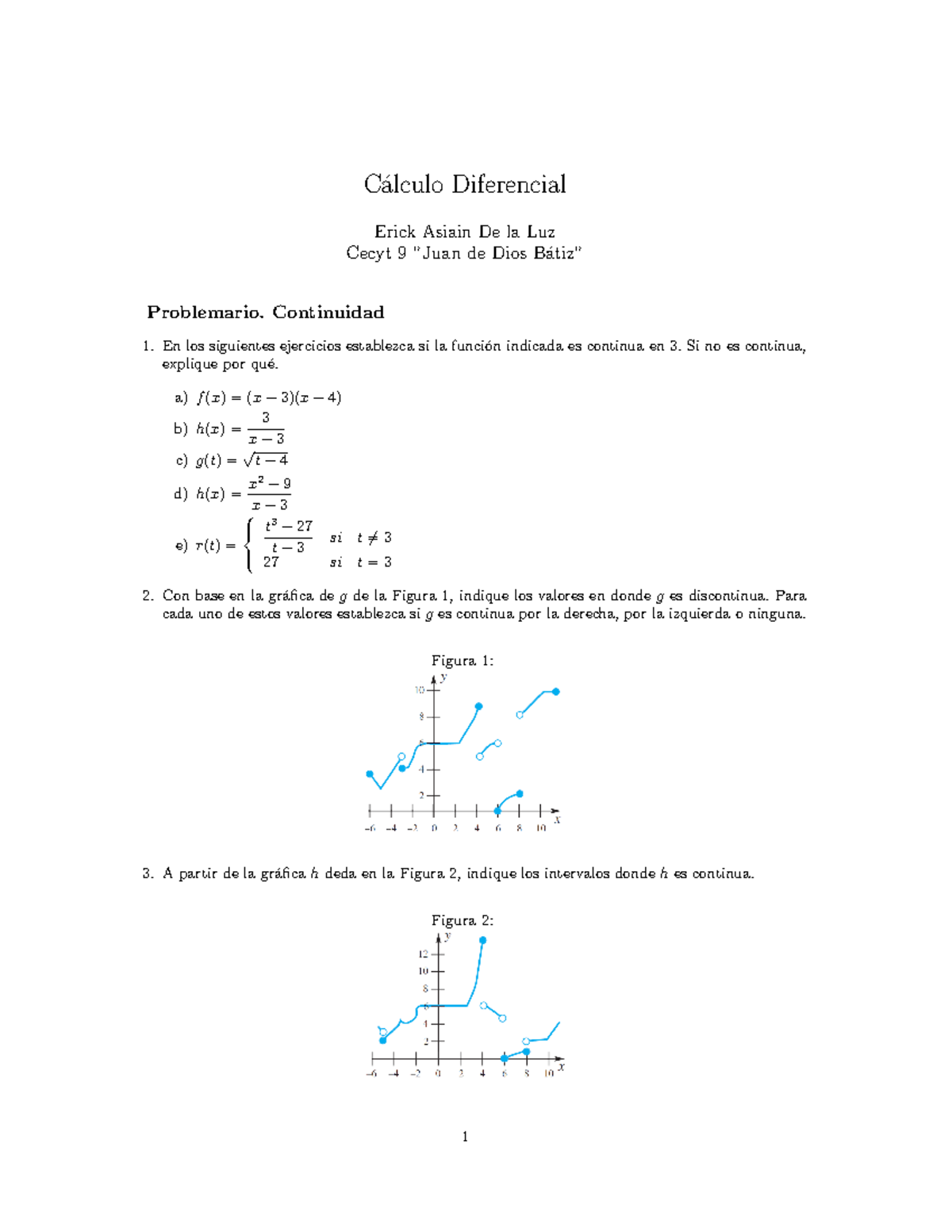 05-Continuidad - Ejercicios para practicar - C ́alculo Diferencial Erick Asiain De la Luz Cecyt ...