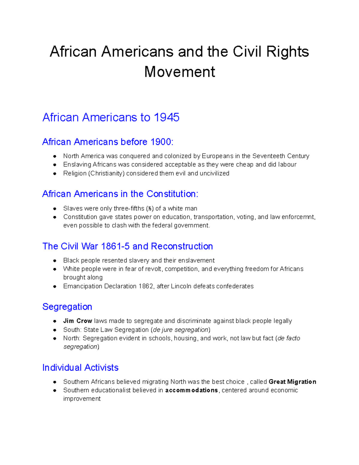 Civil Rights Reading Notes 1 - African Americans and the Civil Rights ...