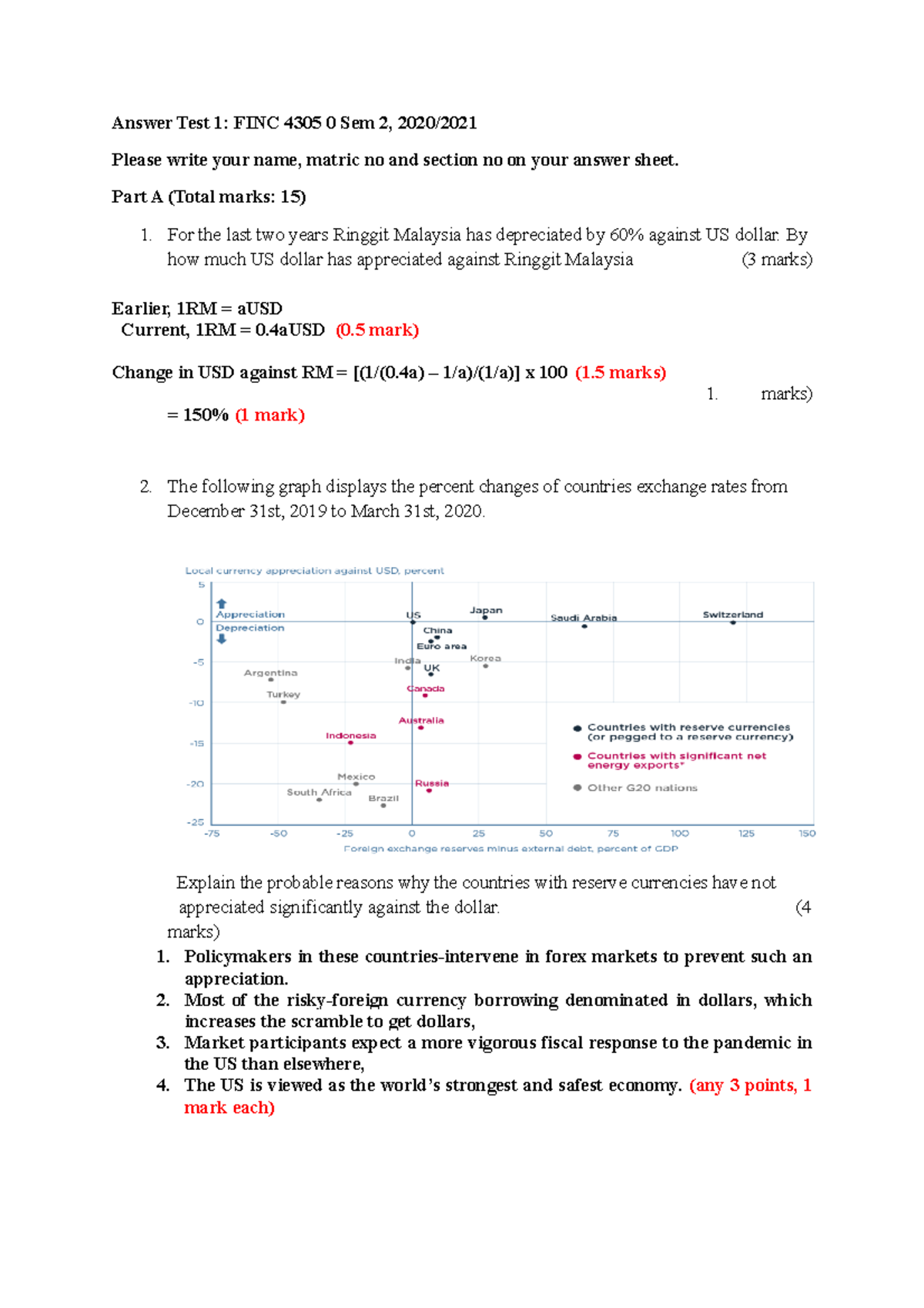 Answer test sem2 - Answer Test 1: FINC 4305 0 Sem 2, 2020/ Please write ...