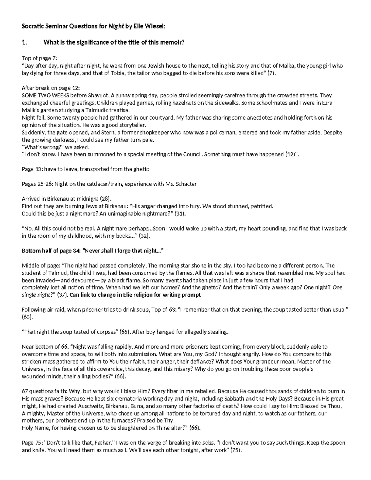 Socratic seminar questions for night by elie wiesel responses ...