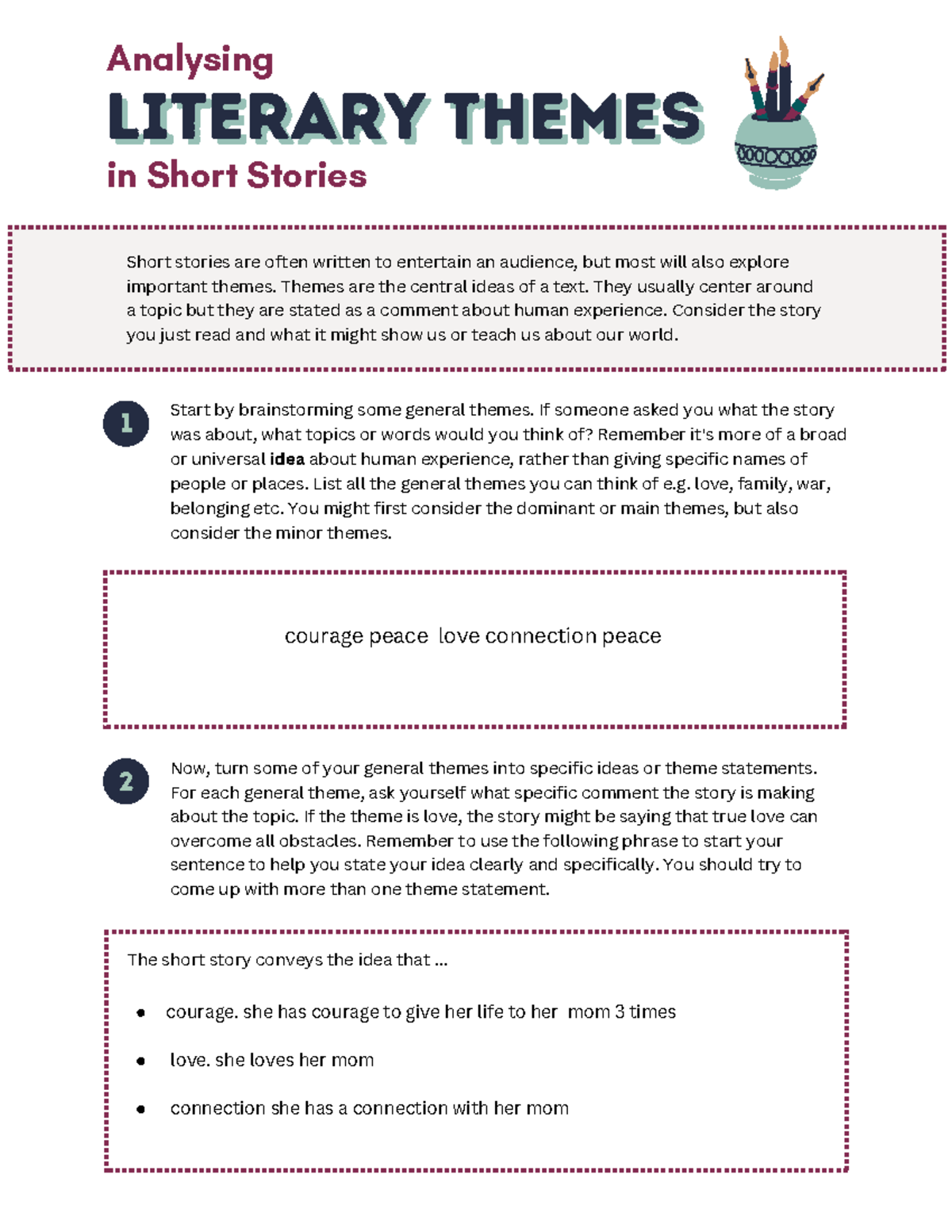 Copy of Analyzing Literary Themes - Short Story Worksheet - courage ...