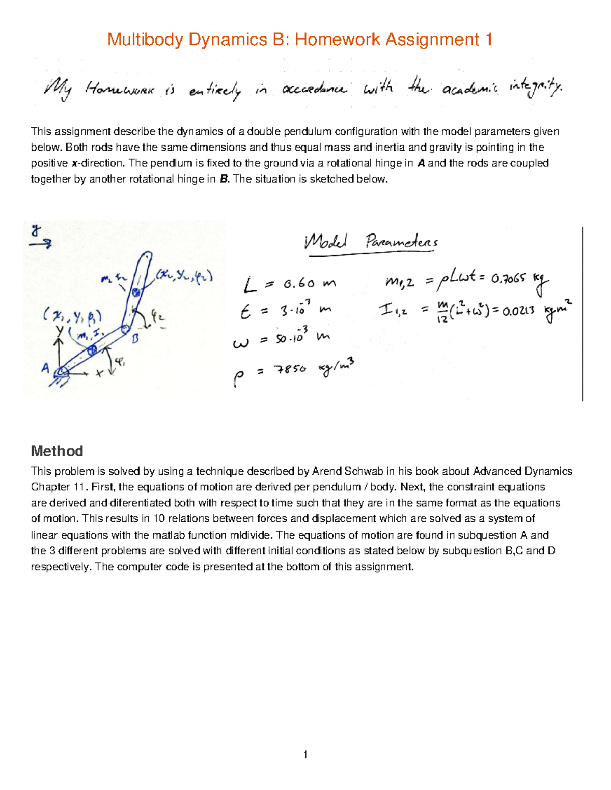HW01 - Assignment 1 - Multibody Dynamics B: Homework Assignment 1 This ...