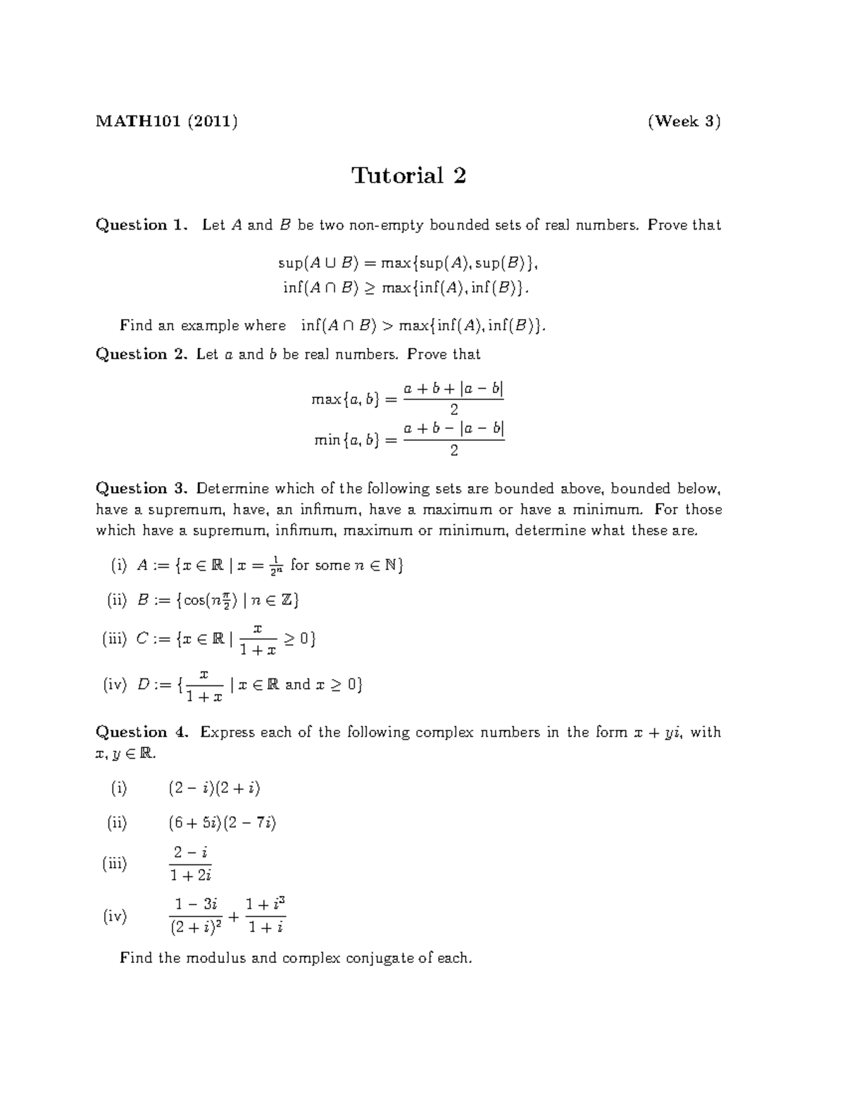 MATH101 2011 Tutorial 2 - MATH101 (2011) (Week 3) Tutorial 2 Question 1. LetAandBbe two non ...
