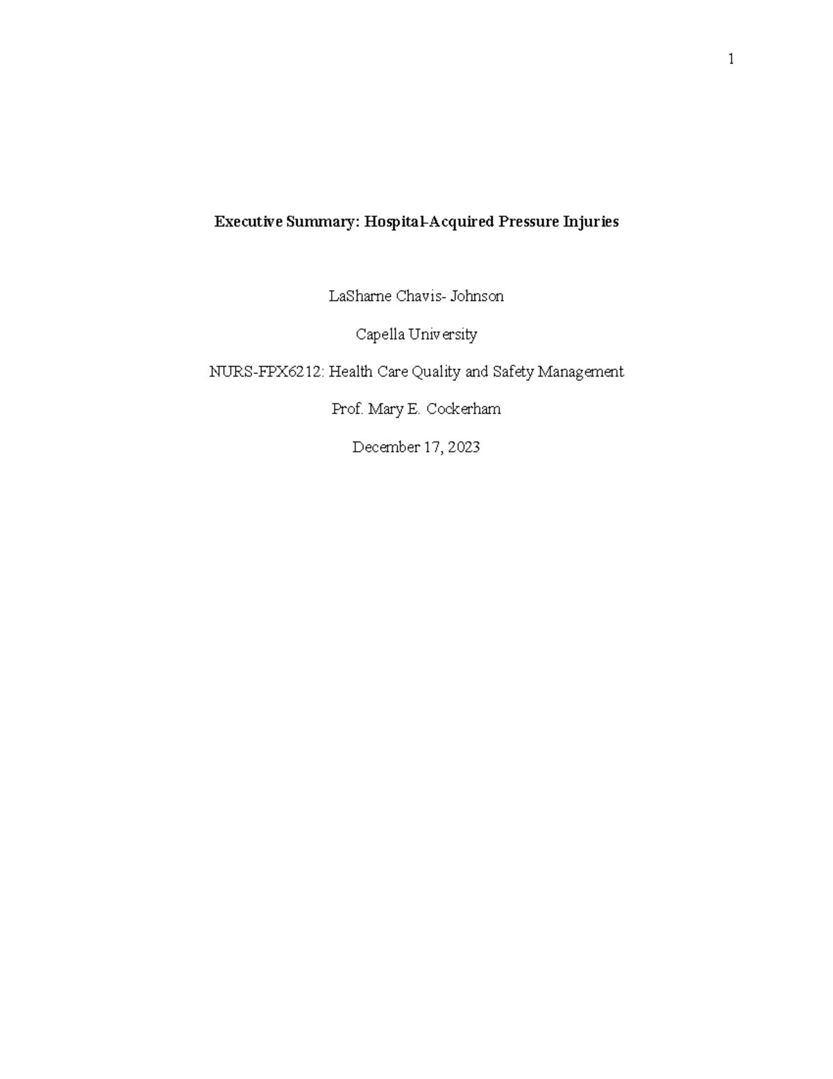 Nurs6212johnson - Executive Summary: Hospital-Acquired Pressure ...