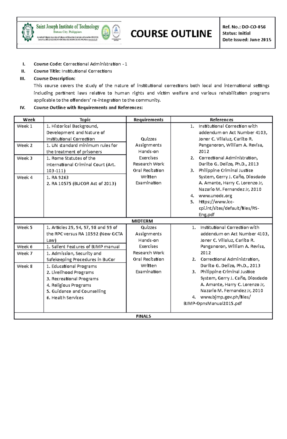CA1 - Course Outline for CA-1 - COURSE OUTLINE Ref. No.: DO-CO- Status: Initial Date Issued ...