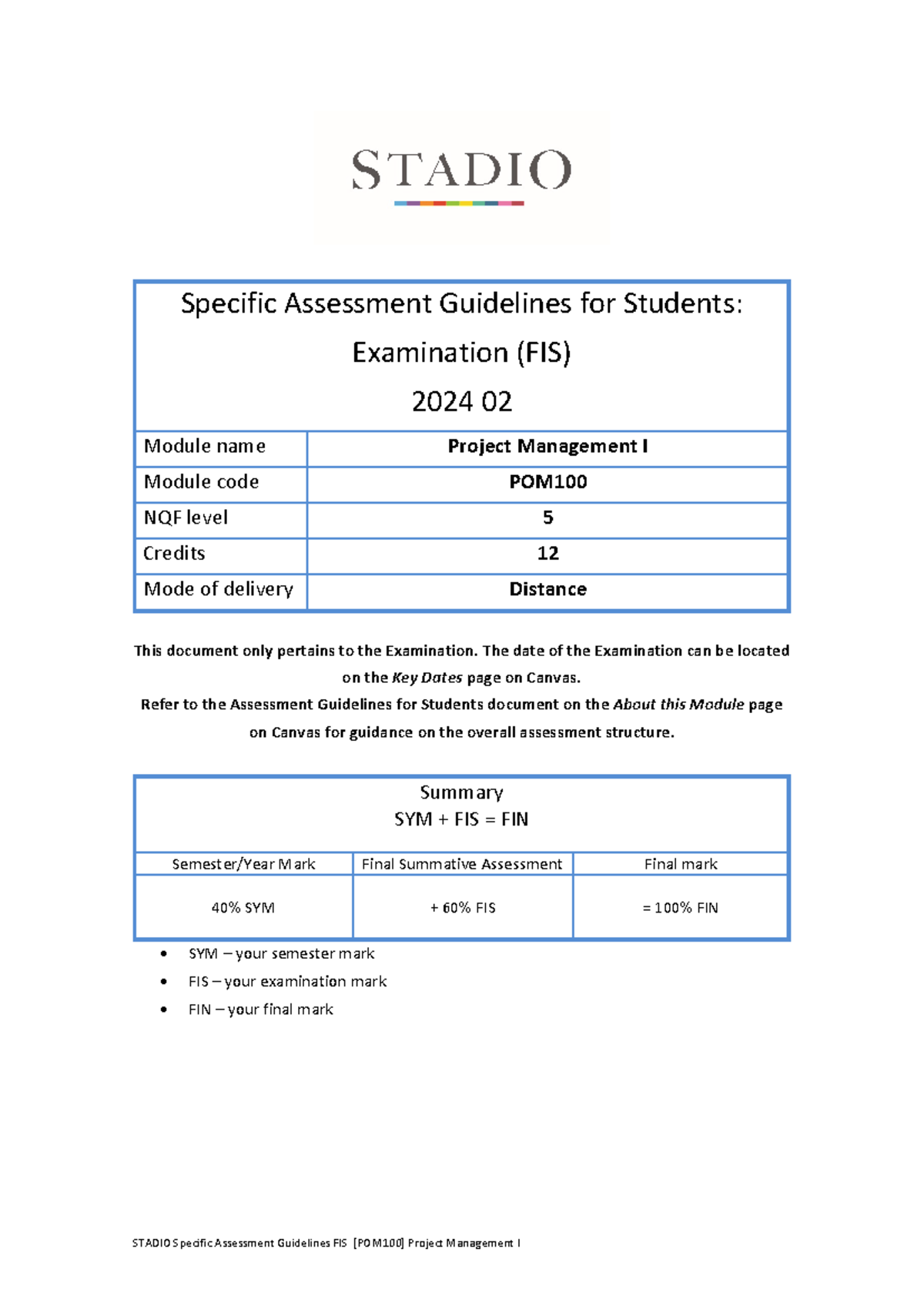 POM100 2024 02 EXAM INFO - STADIO Specific Assessment Guidelines FIS ...