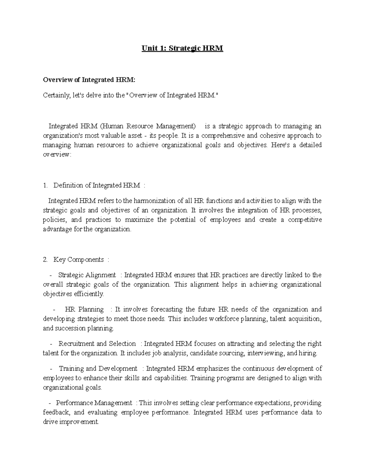 HRM203 - Notes - Unit 1: Strategic HRM Overview of Integrated HRM ...