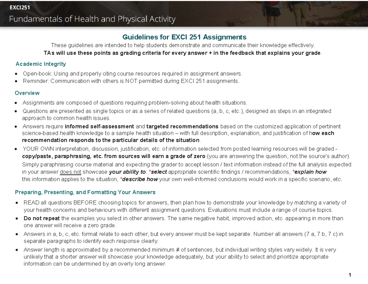 Assignment Guidelines and Grading Criteria - 1 Guidelines for EXCI 251 ...