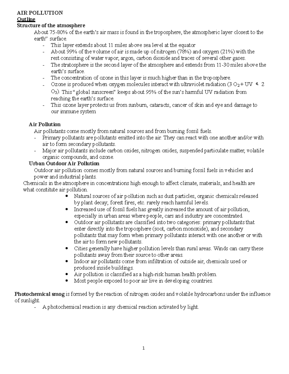 Air pollution notes 1 - AIR POLLUTION Outline Structure of the ...
