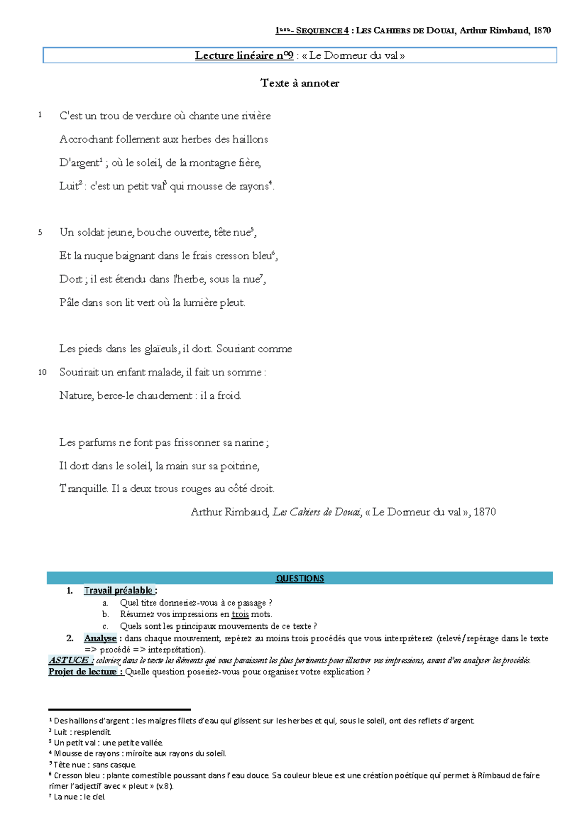 LL 9 Le Dormeur du val - fiche de lecture - 1 ERE - SEQUENCE 4 : LES ...