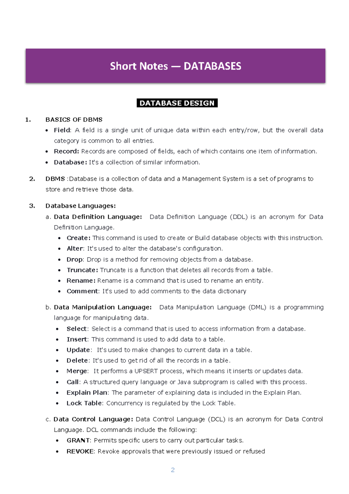 Short notes databases - please give gate question for DBMS - DATABASE ...