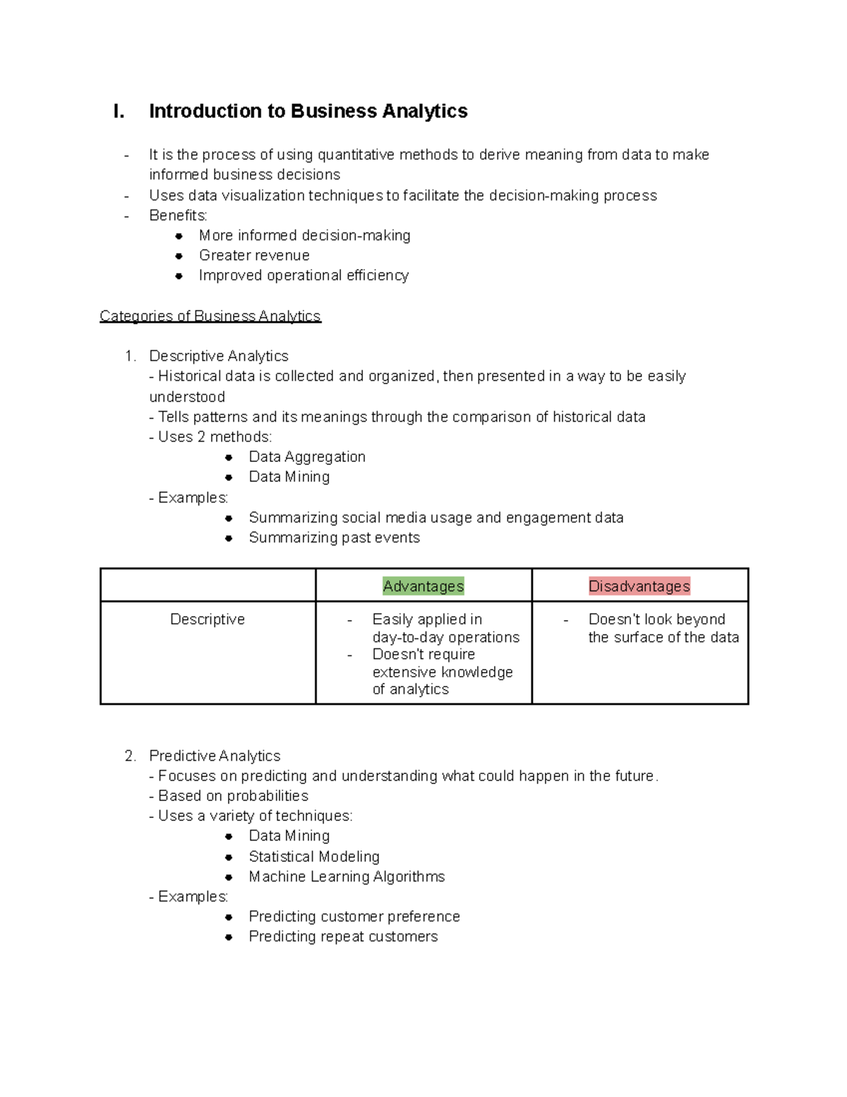 EXAM Lbolytc - I. Introduction to Business Analytics It is the process ...
