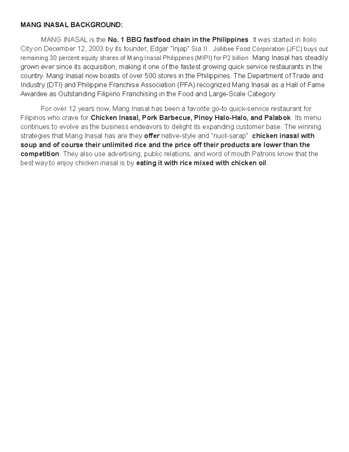 MANG Inasal Background - MANG INASAL BACKGROUND: MANG INASAL is the No ...