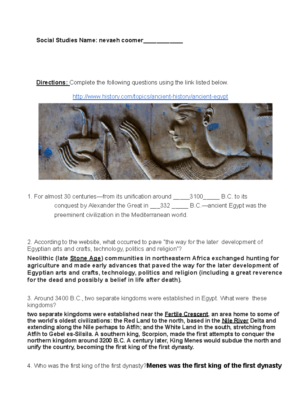 Ancient Egypt Webquest - Social Studies Name: nevaeh coomer ...