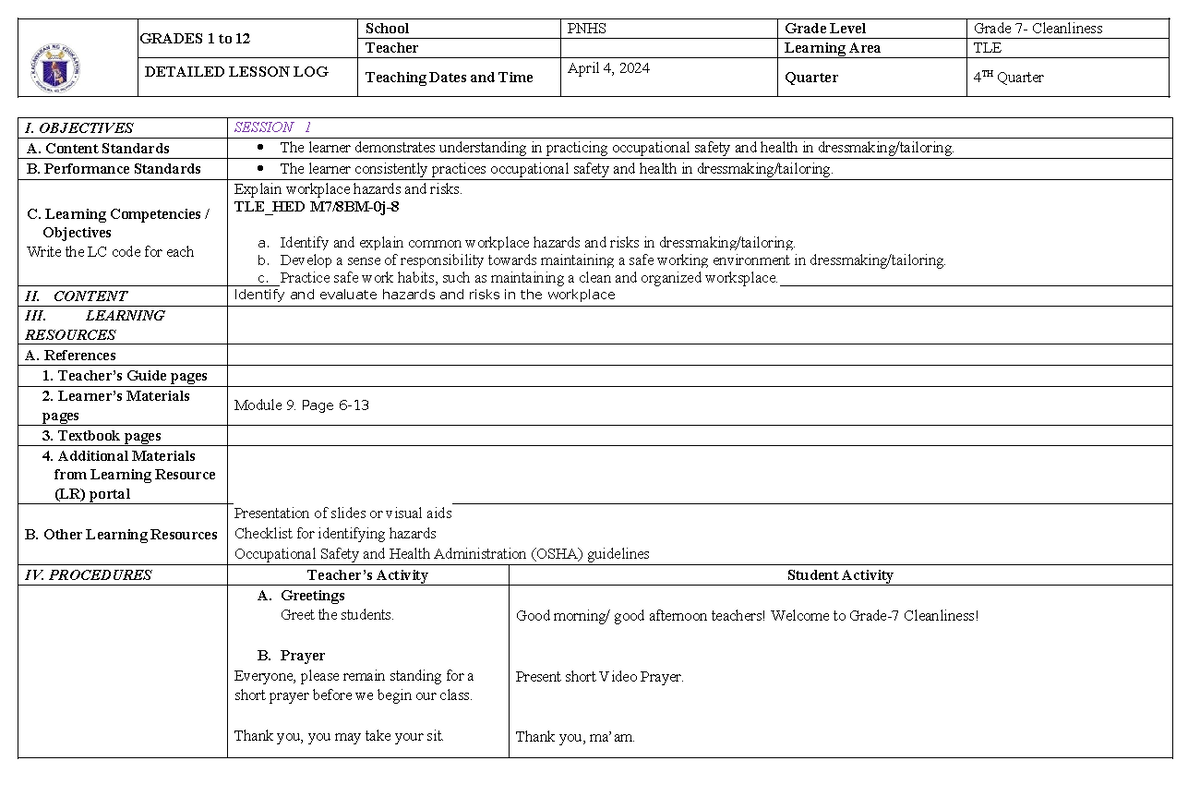 DLL - GRADES 1 to 12 School PNHS Grade Level Grade 7- Cleanliness ...