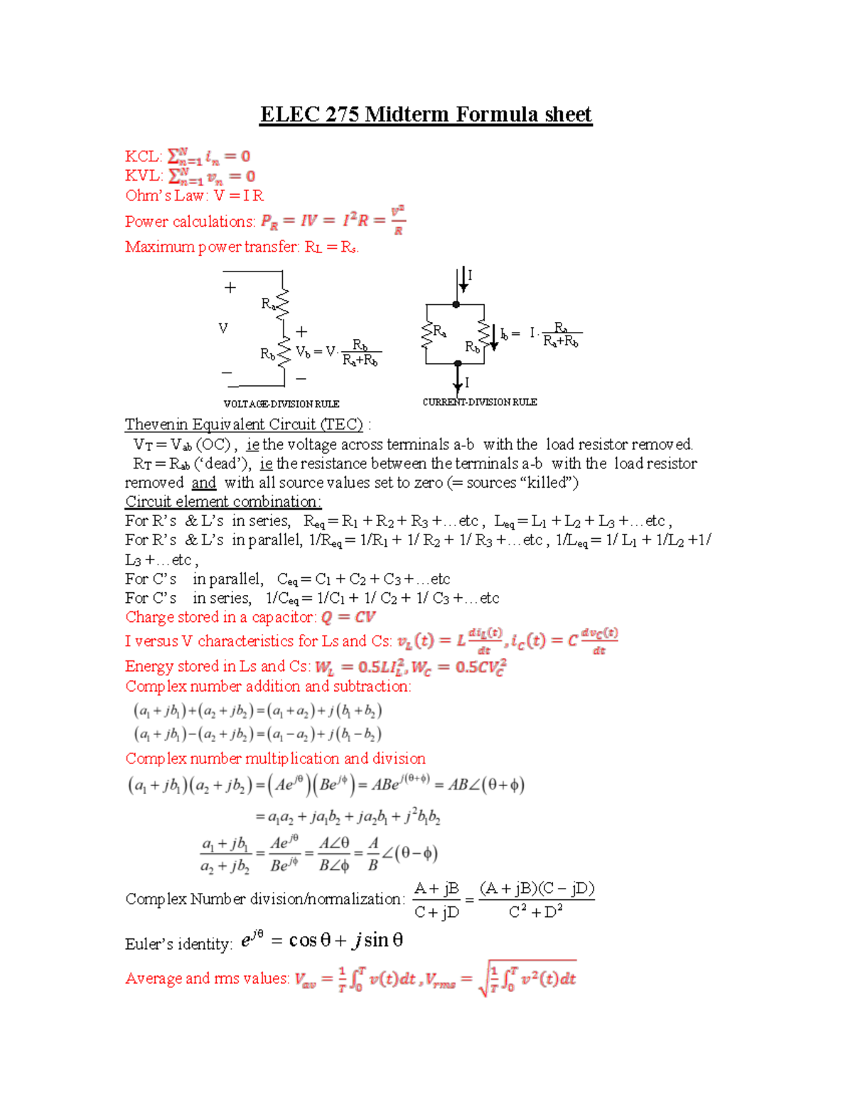 Midterm Formula Sheet - ELEC 275 Midterm Formula sheet KCL: KVL: Ohm’s ...